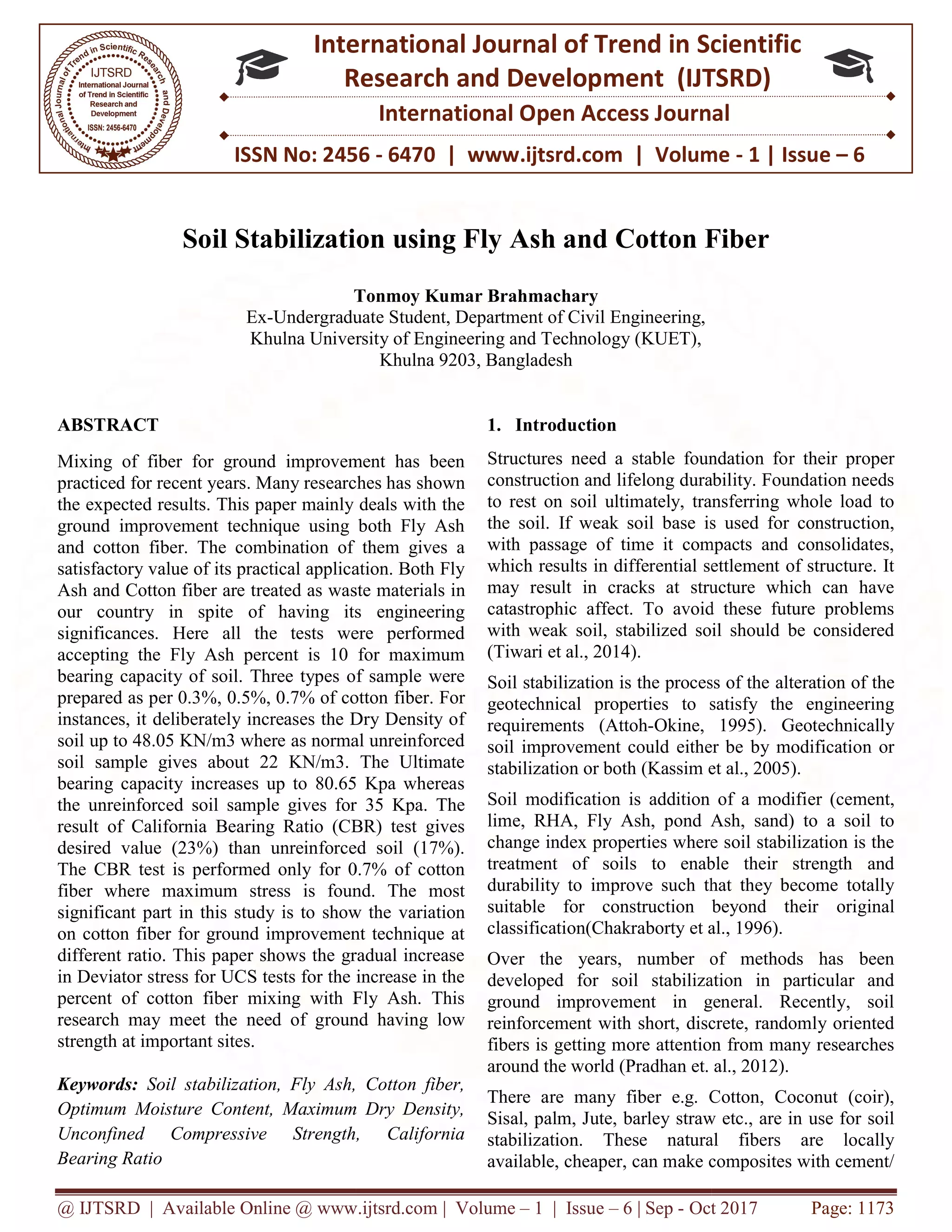 Soil Stabilization using Fly Ash and Cotton Fiber | PDF