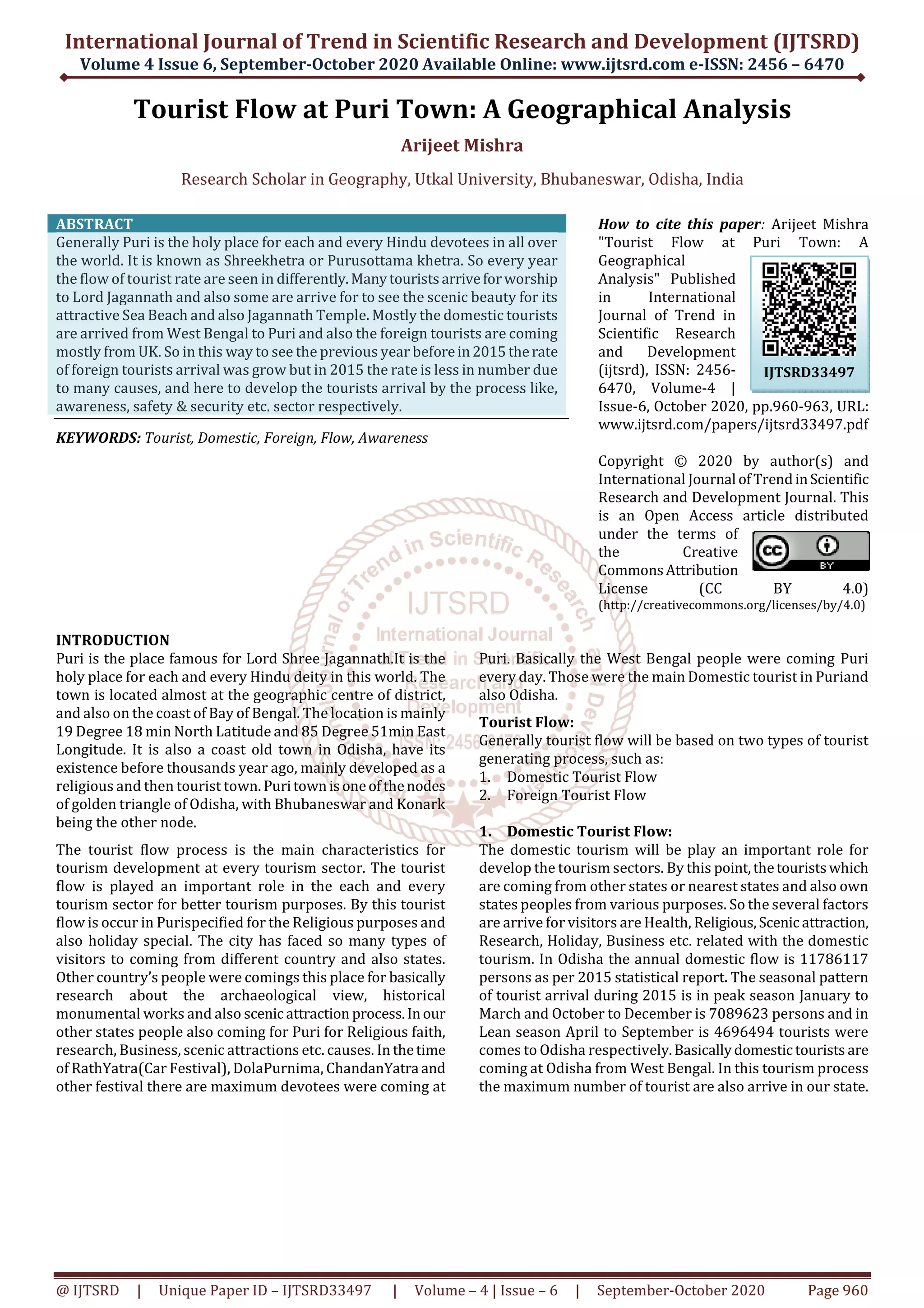 Tourist Flow at Puri Town A Geographical Analysis | PDF