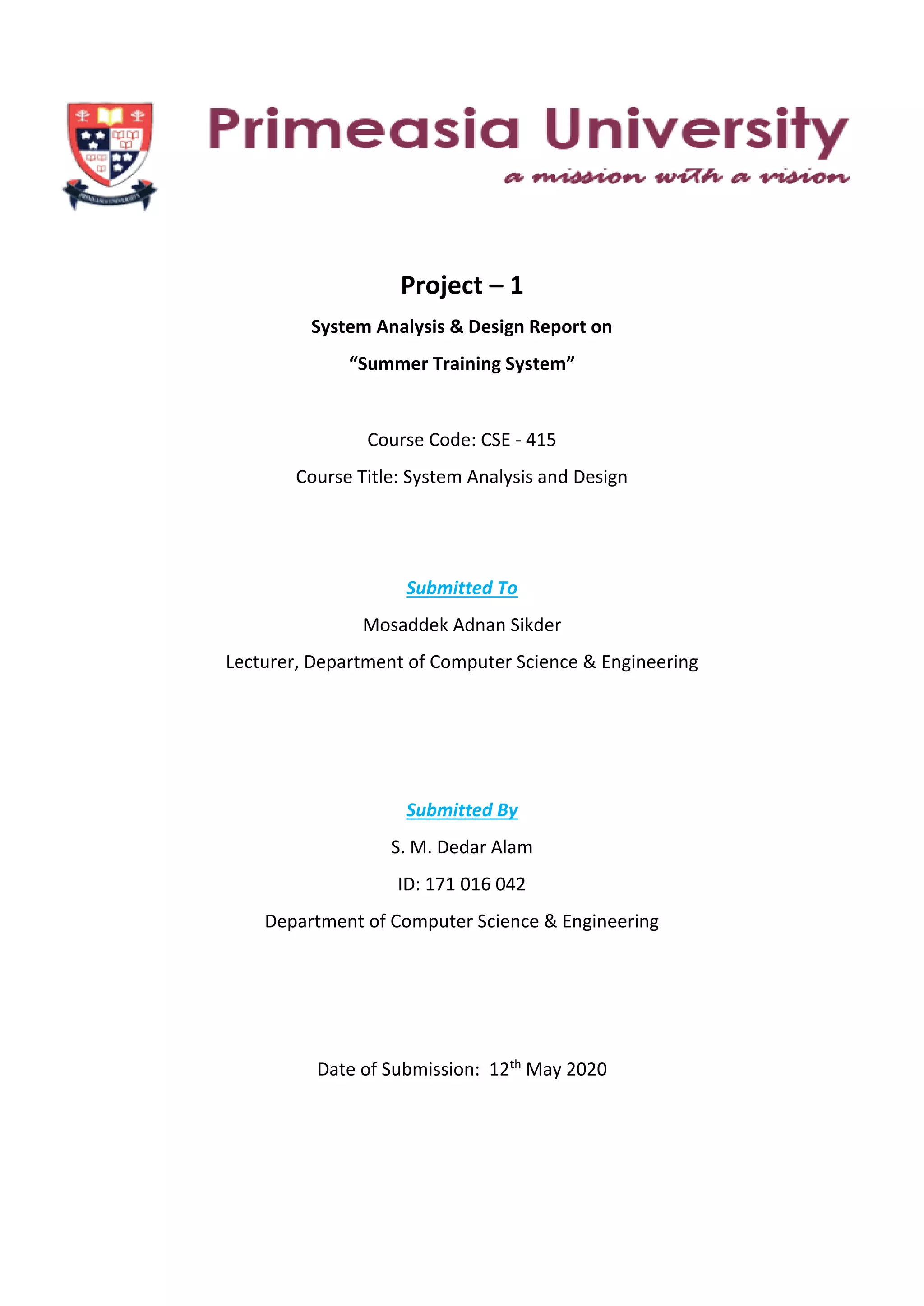 System Analysis & Design Report on Summer Training System | PDF