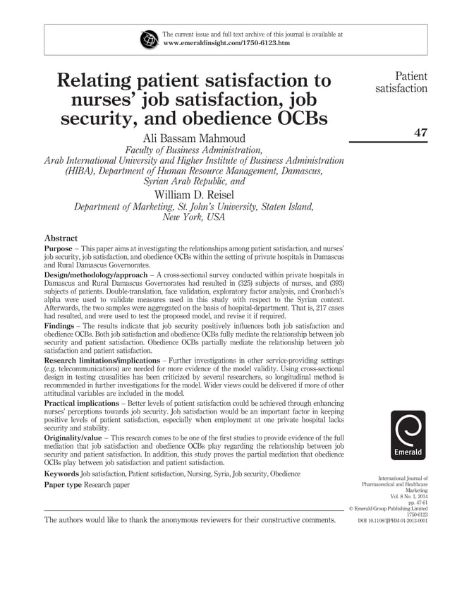 Relating patient satisfaction to nurses' job satisfaction, job security ...