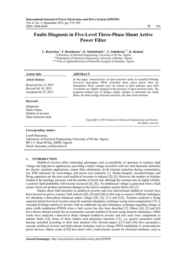 Faults Diagnosis in Five-Level Three-Phase Shunt Active Power Filter | PDF