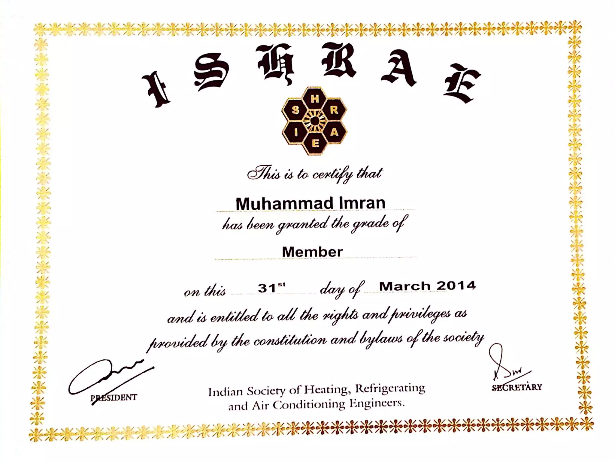 ISHRAE CERTIFICATE | PPT