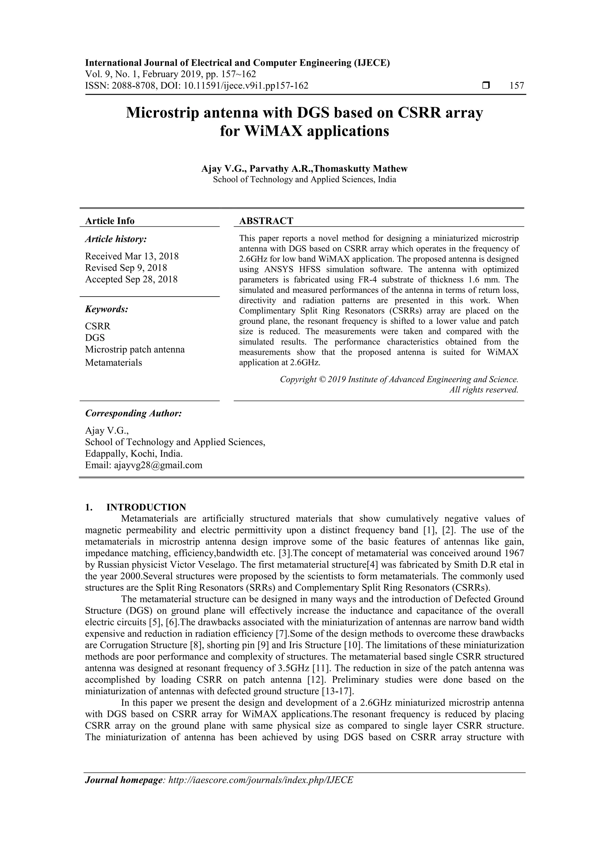 Microstrip antenna with DGS based on CSRR array for WiMAX applications | PDF | Physics | Science