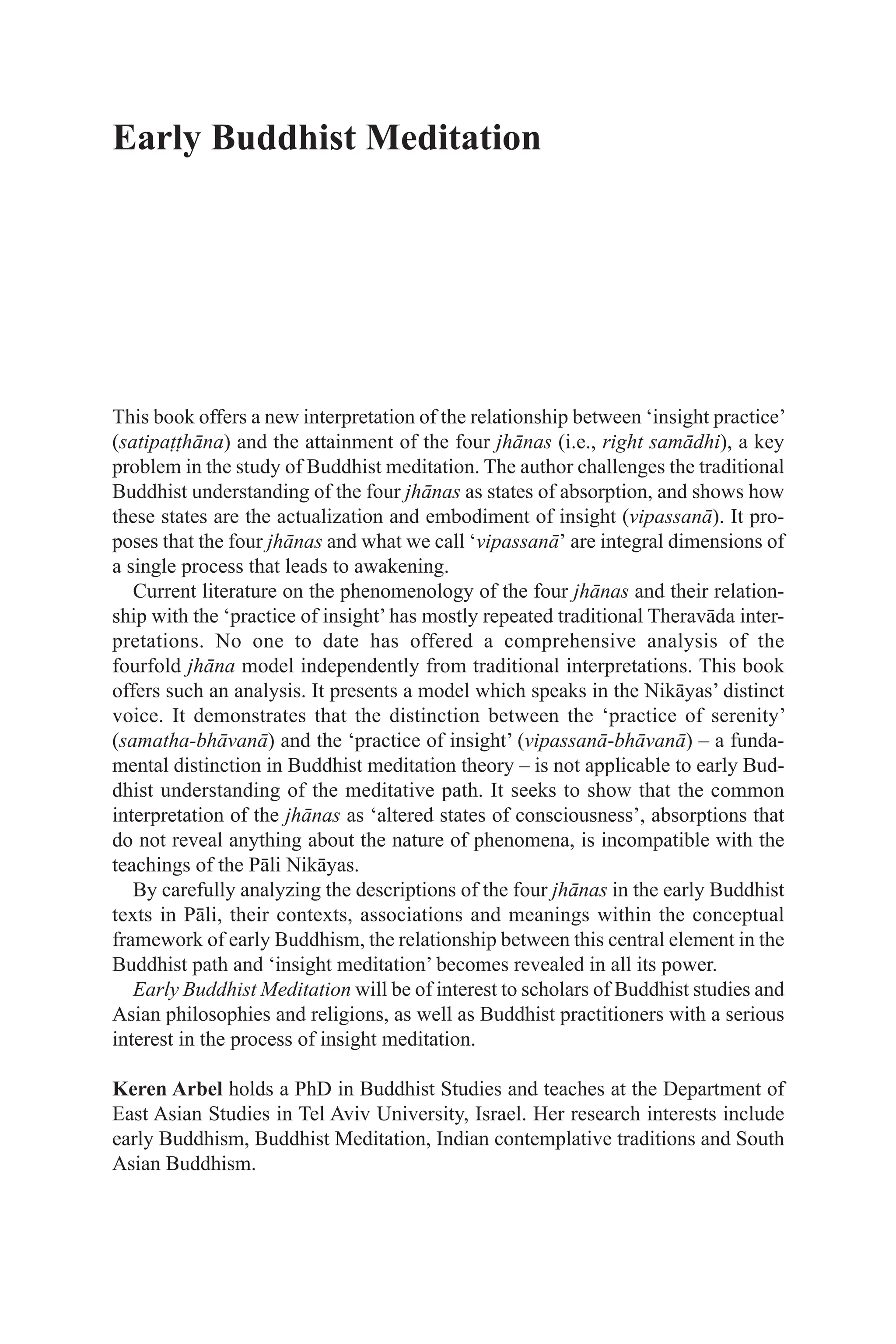 Early Buddhist Meditation The Four Jhanas As The Actualization Of ...