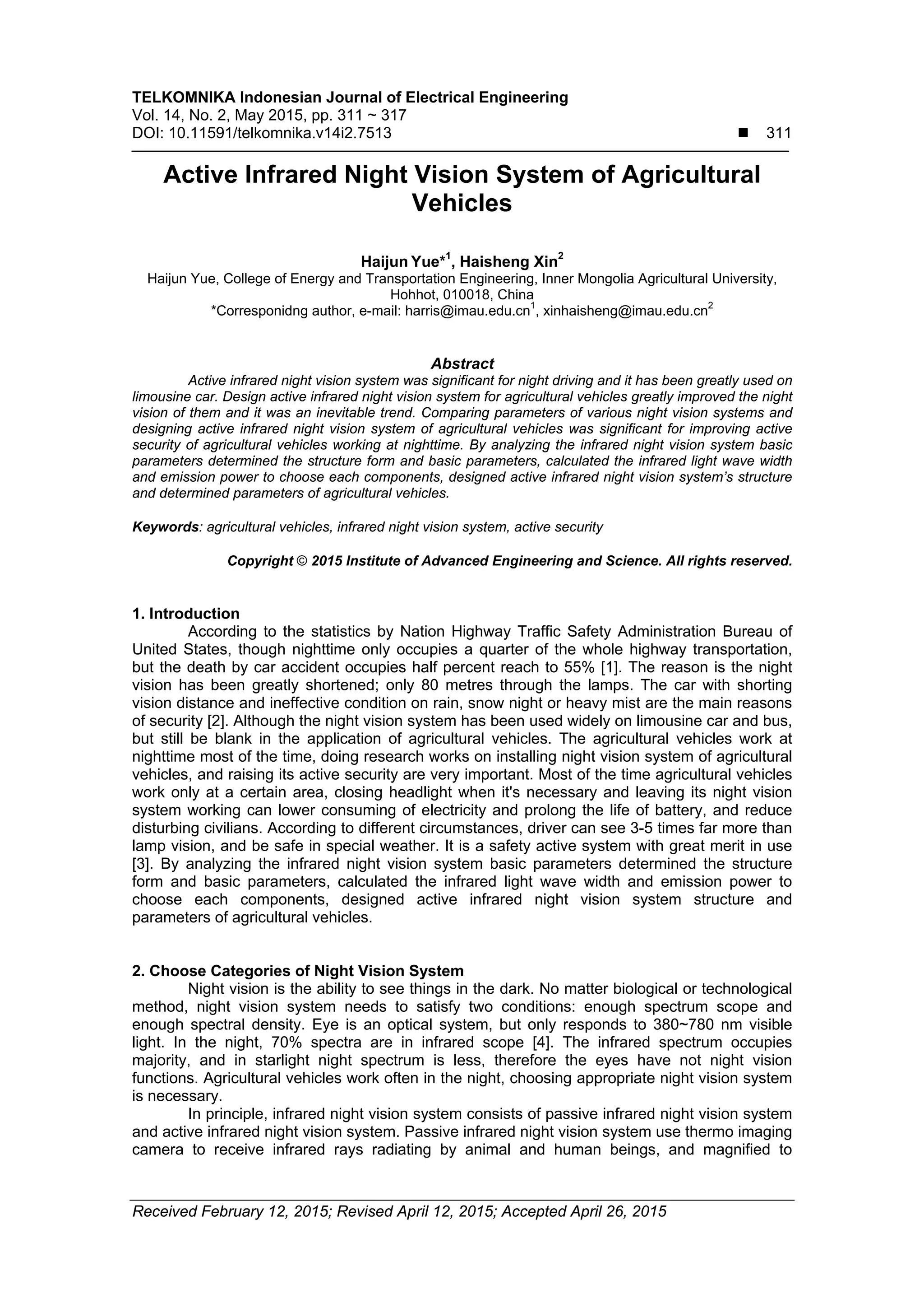 Active Infrared Night Vision System of Agricultural Vehicles | PDF