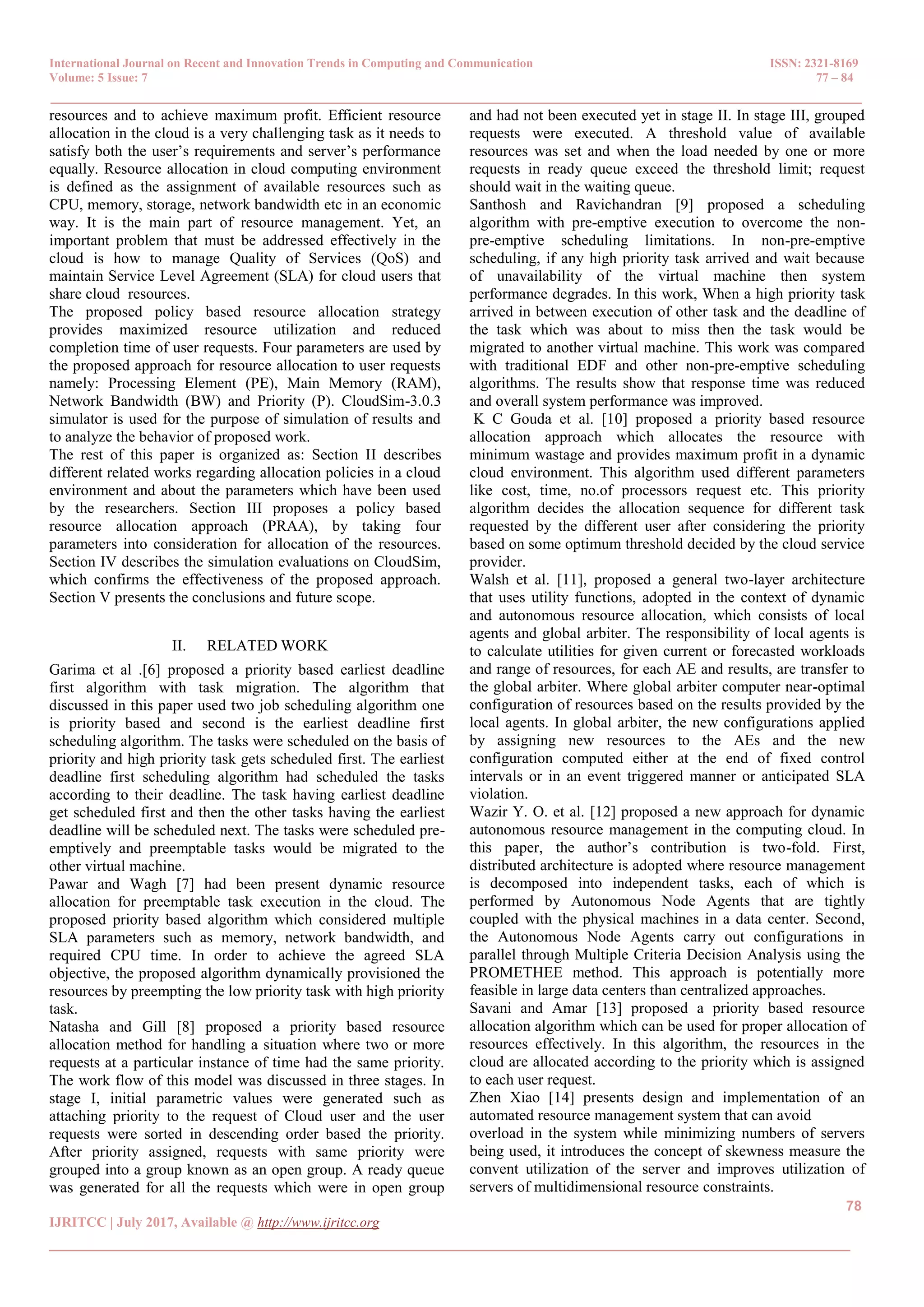 Optimum Resource Allocation Using Specification Matching And Priority Based Method In Cloud Pdf