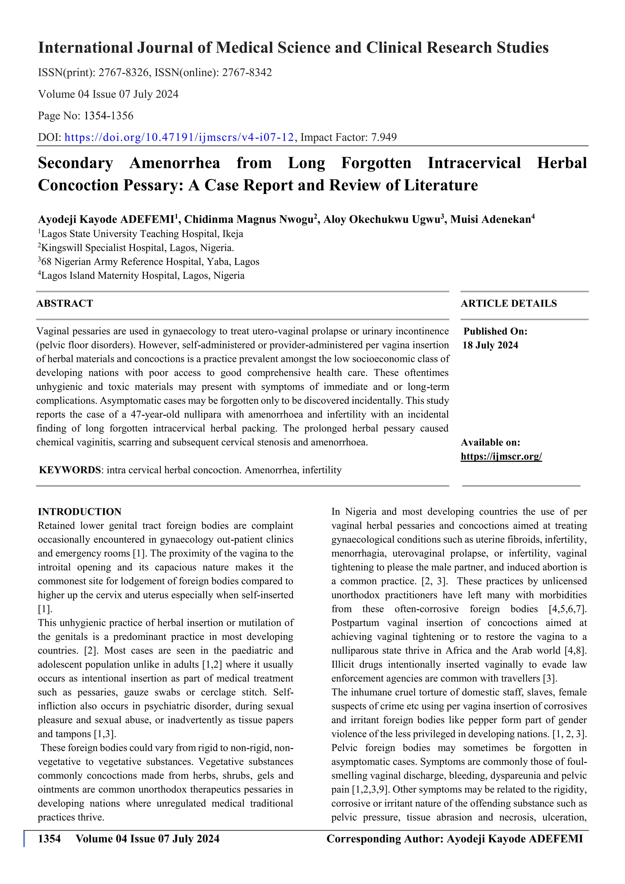 Secondary Amenorrhea from Long Forgotten Intracervical Herbal ...