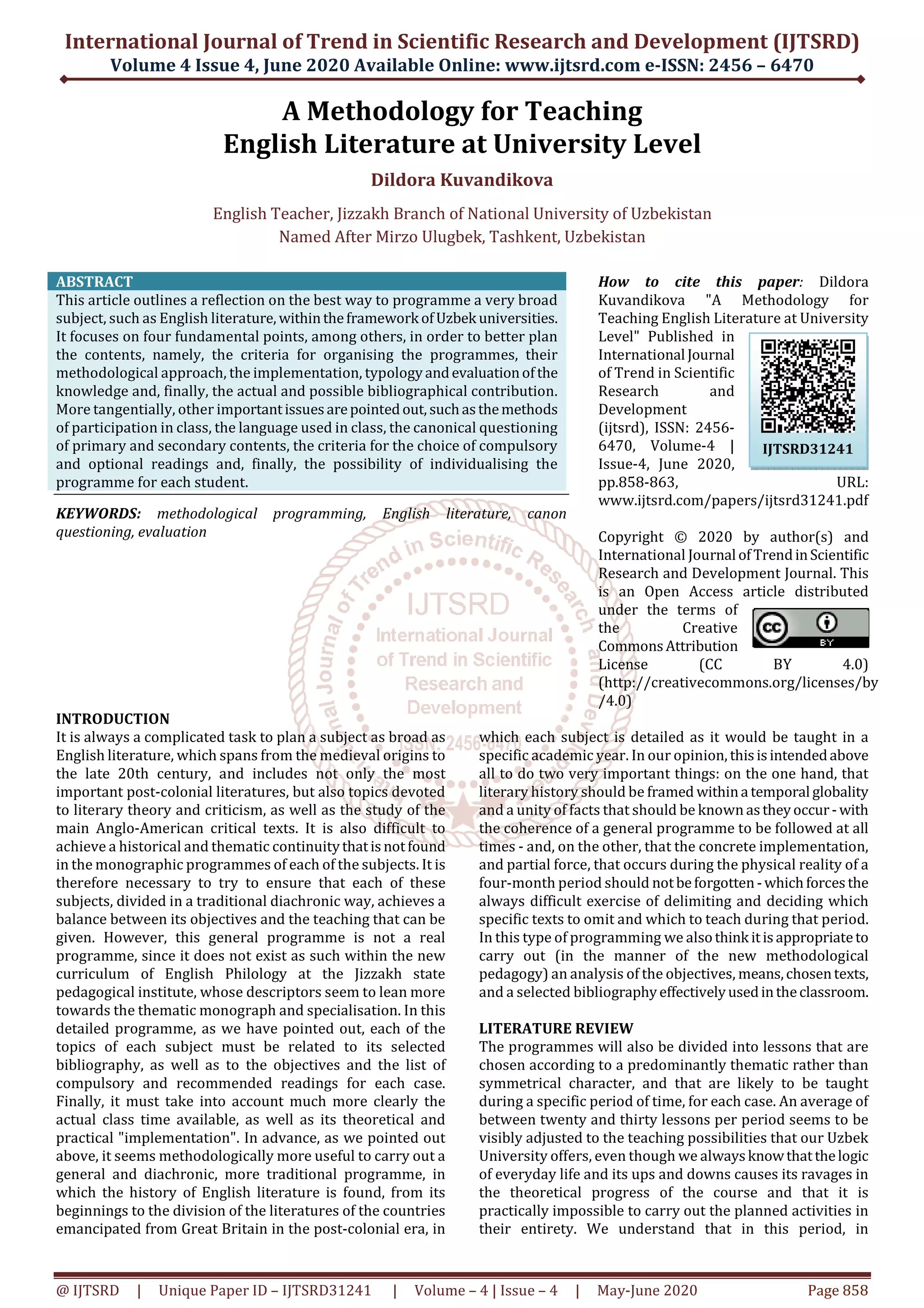 A Methodology for Teaching English Literature at University Level | PDF