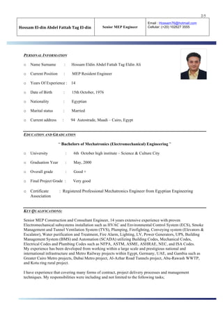 Senior MEP Engineer_Hossam Abdel Fattah TAG ELDIN | PDF