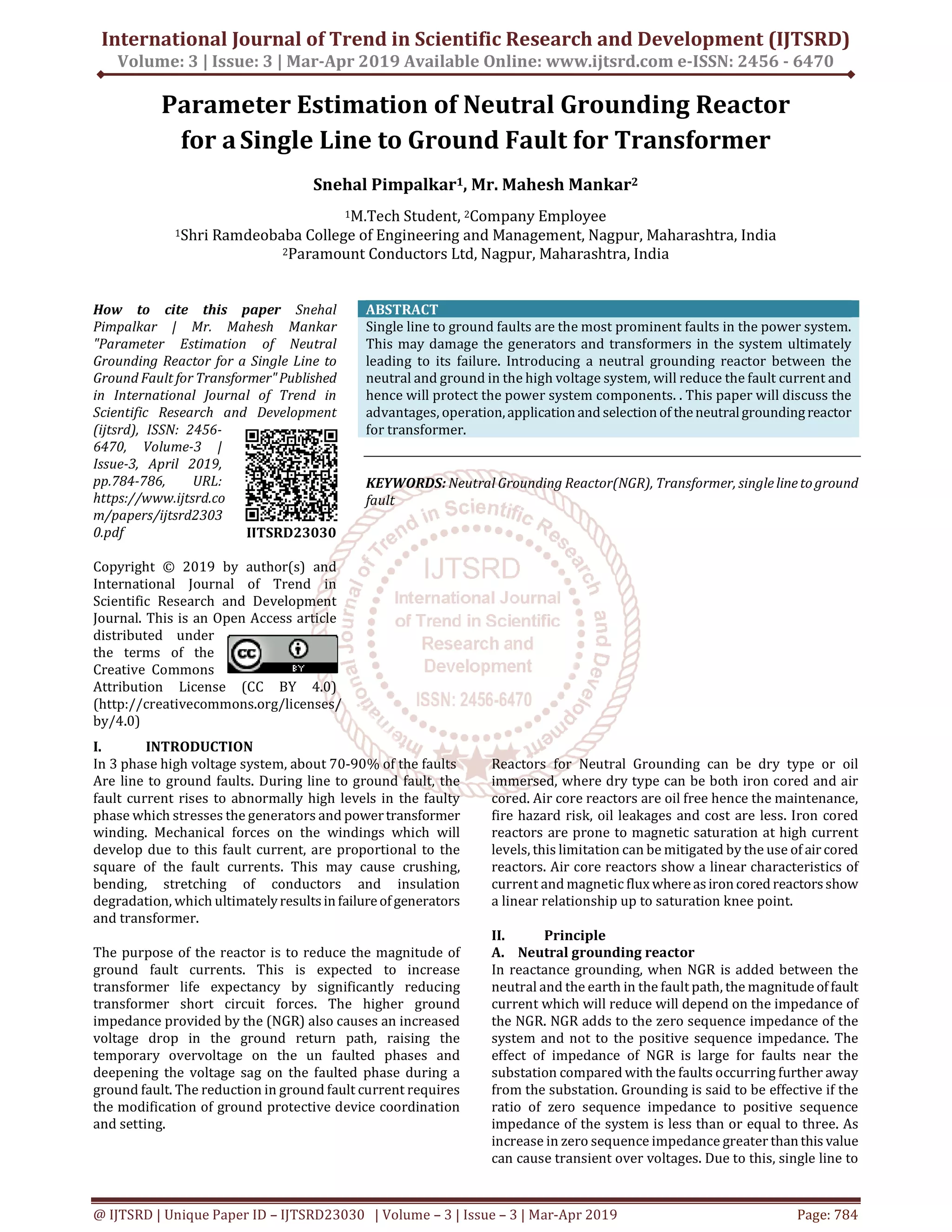 Parameter Estimation of Neutral Grounding Reactor for a Single Line to ...