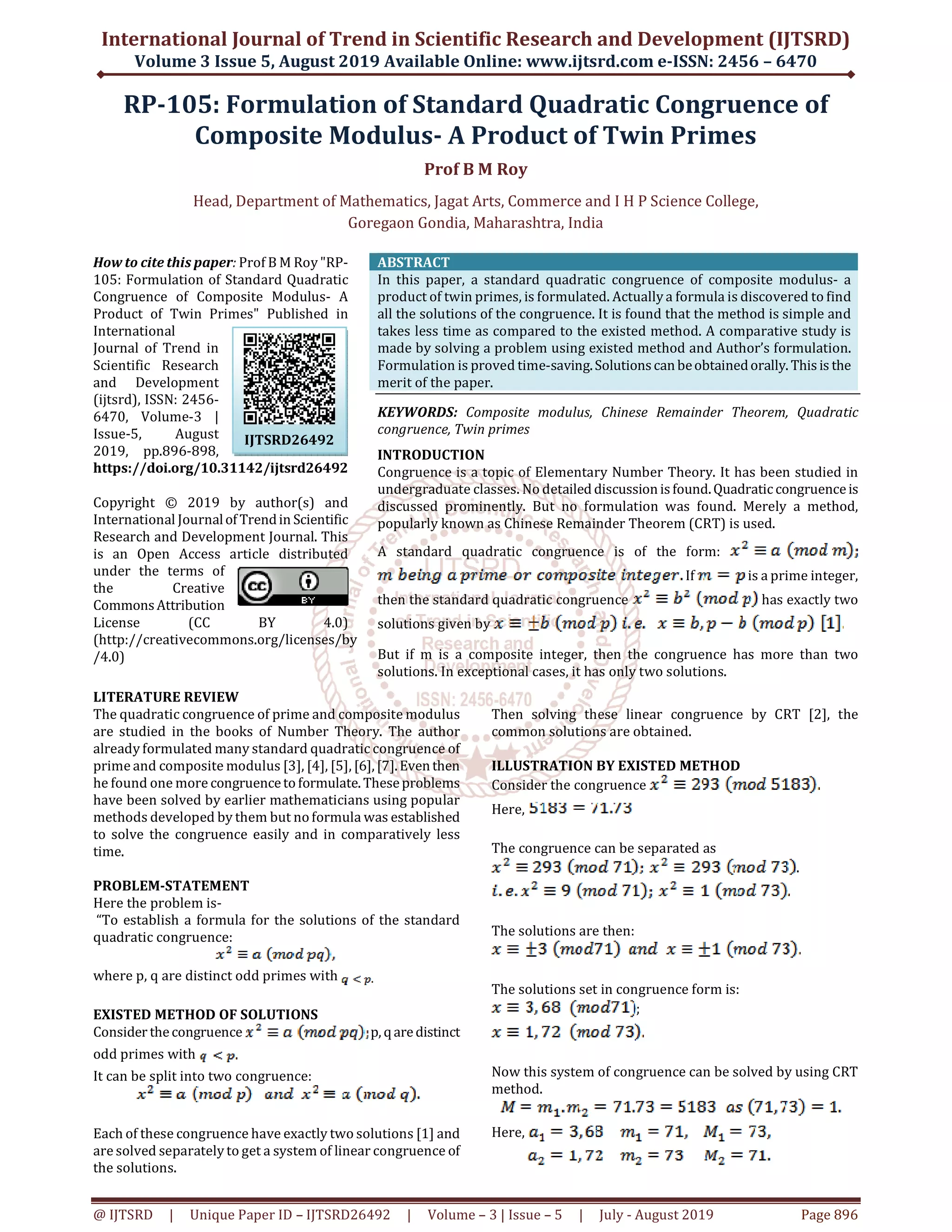RP 105 Formulation of Standard Quadratic Congruence of Composite ...