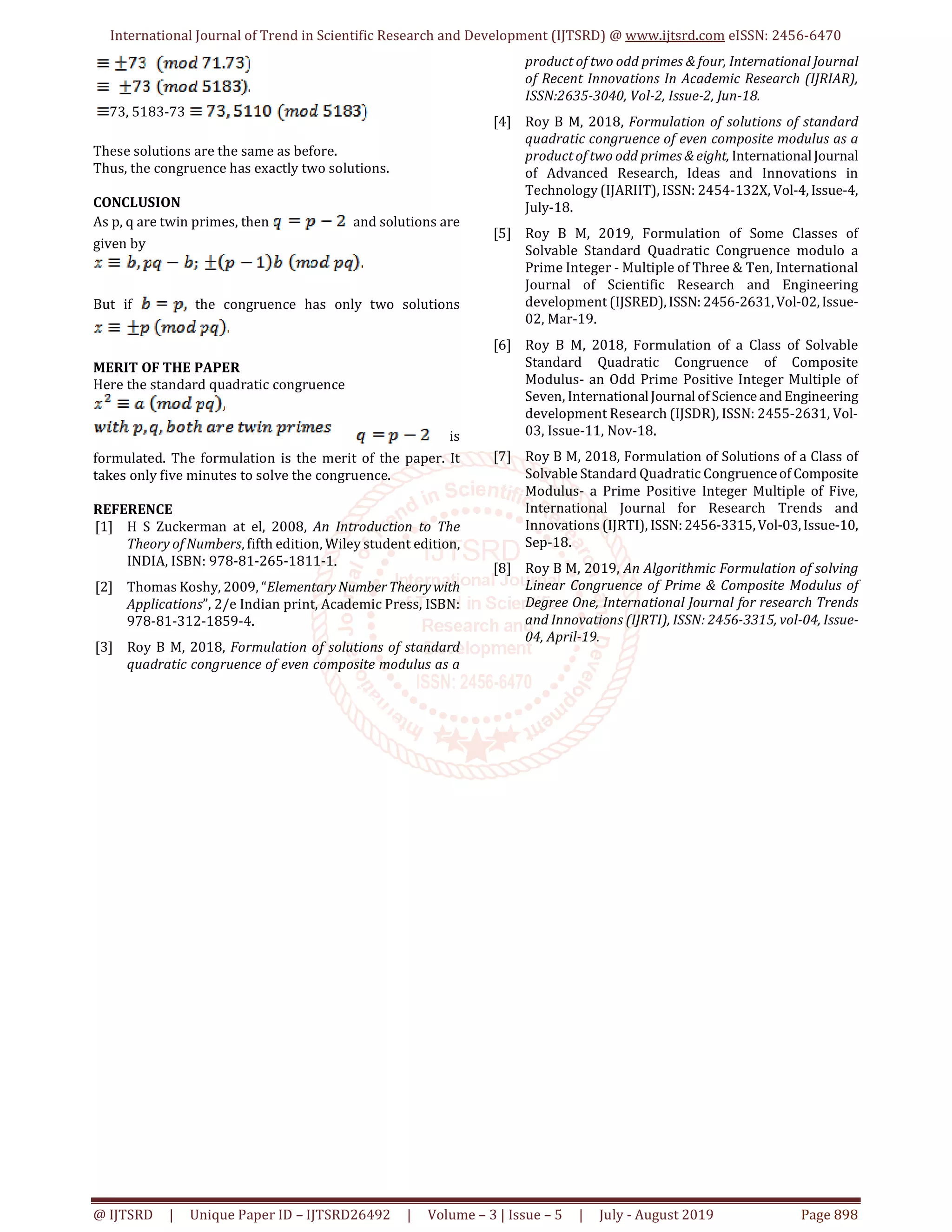 RP 105 Formulation of Standard Quadratic Congruence of Composite ...