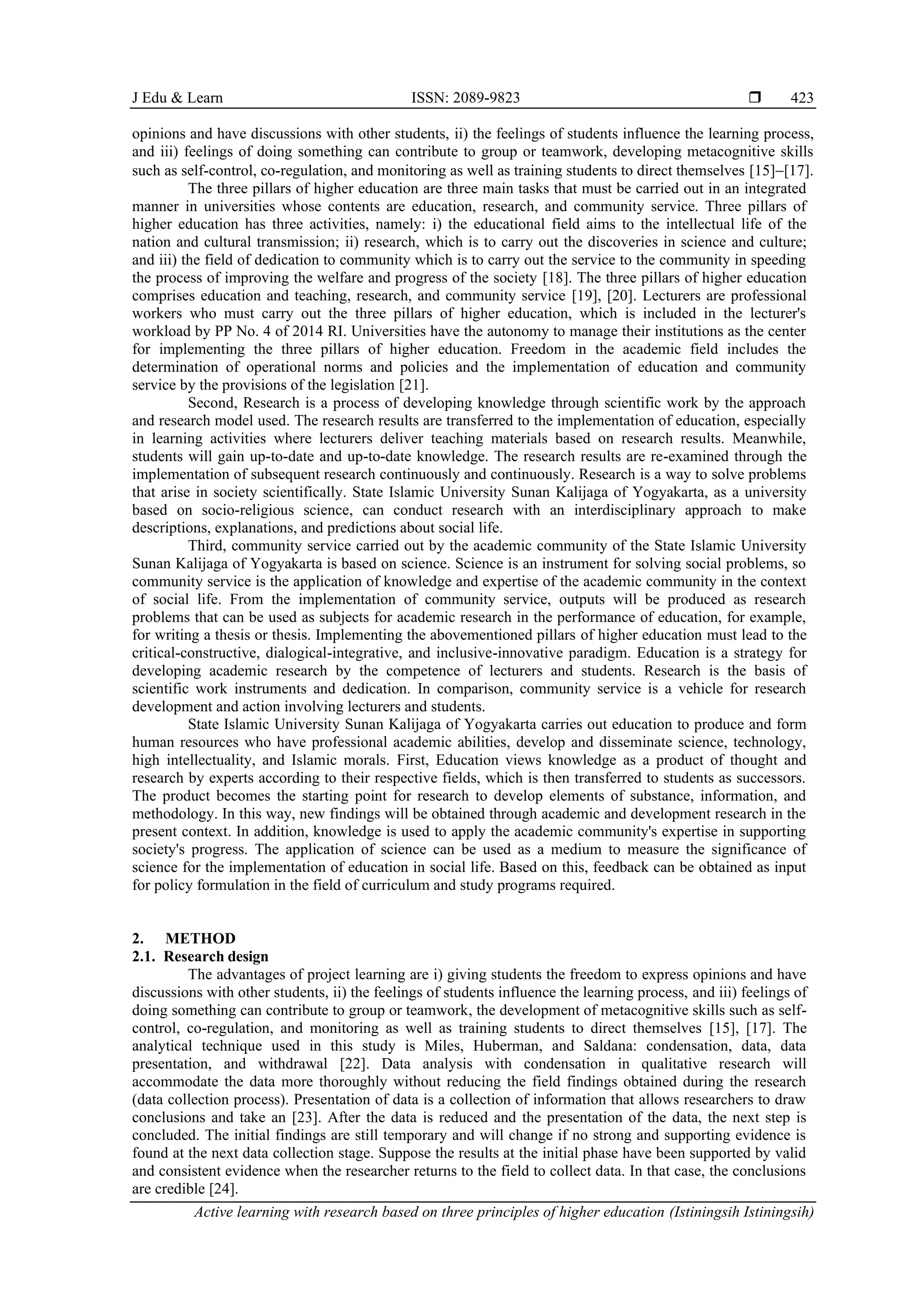 Active learning with research based on three principles of higher ...