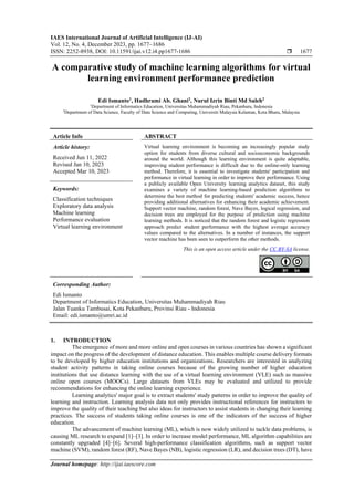 A comparative study of machine learning algorithms for virtual learning environment performance ...