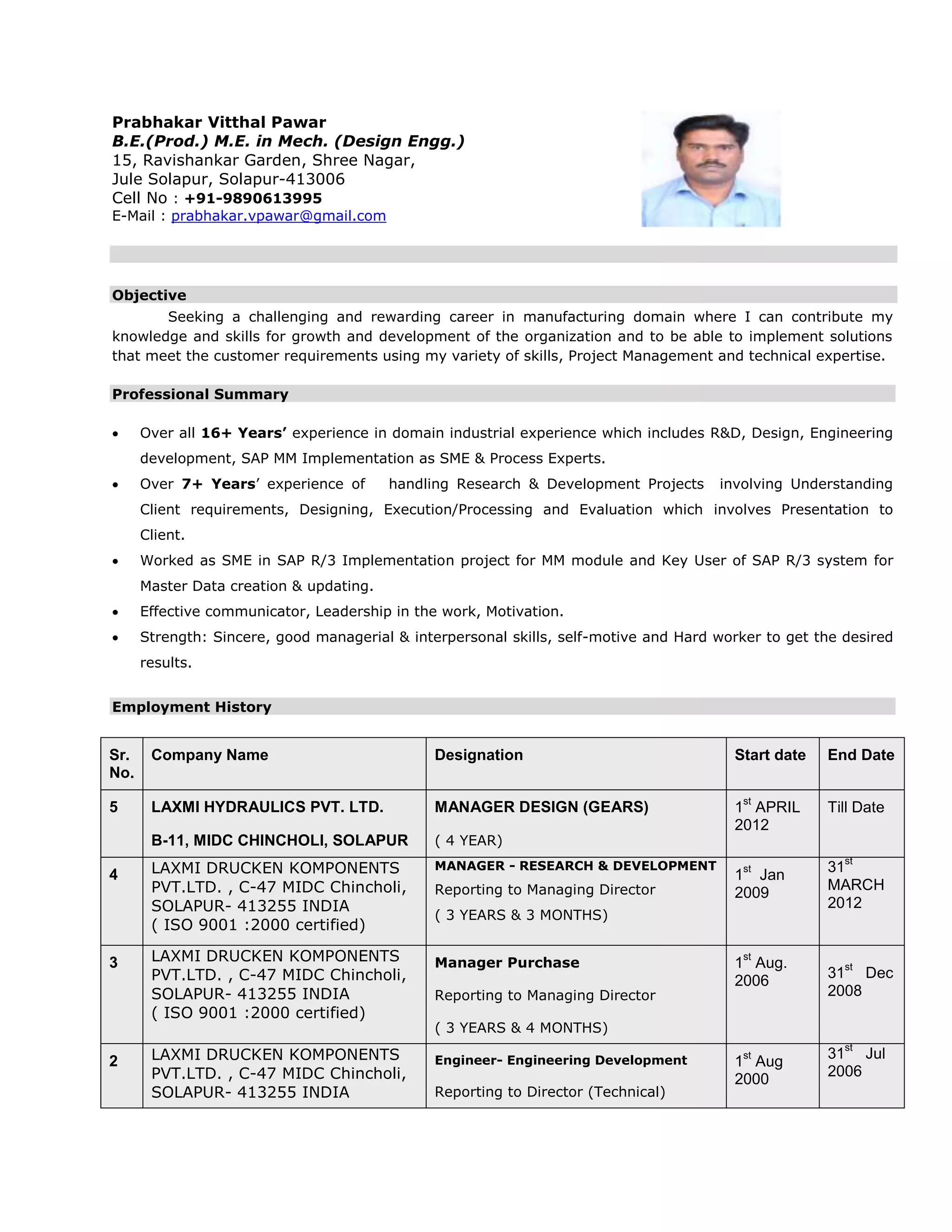 Prabhakar_Pawar_Resume_(Manager_DESIGN ) 16 Years_Experience | PDF