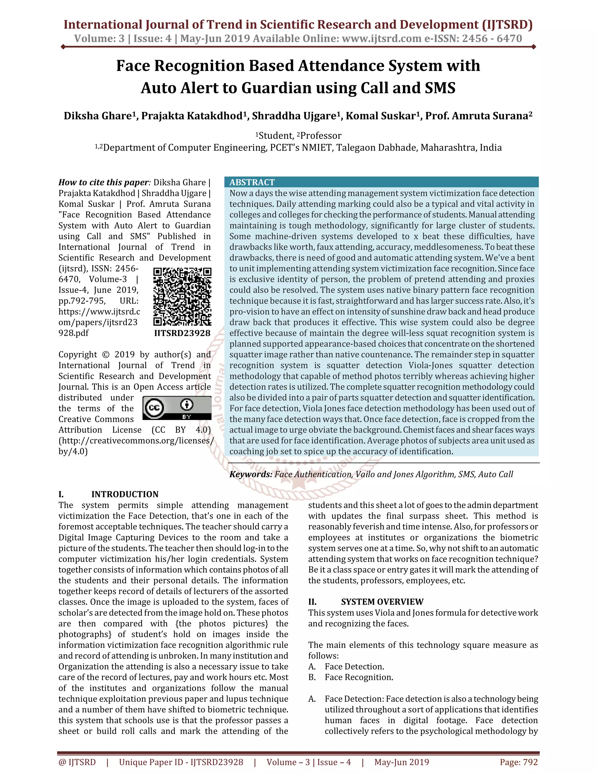 Face Recognition Based Attendance System with Auto Alert to Guardian using Call and SMS | PDF ...