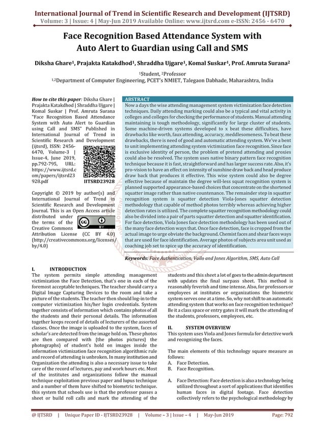 Face Recognition Based Attendance System with Auto Alert to Guardian using Call and SMS | PDF ...