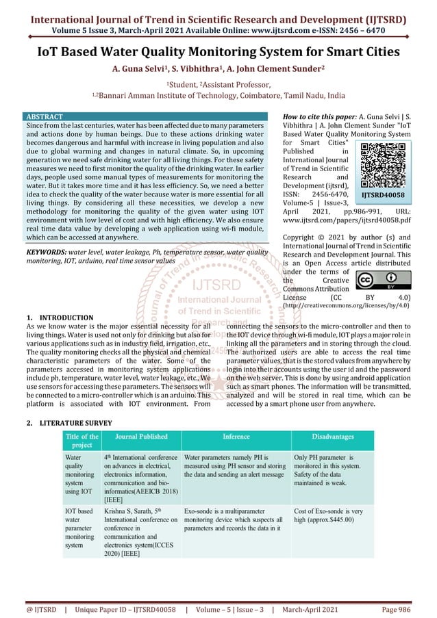 IoT Based Water Quality Monitoring System for Smart Cities | PDF