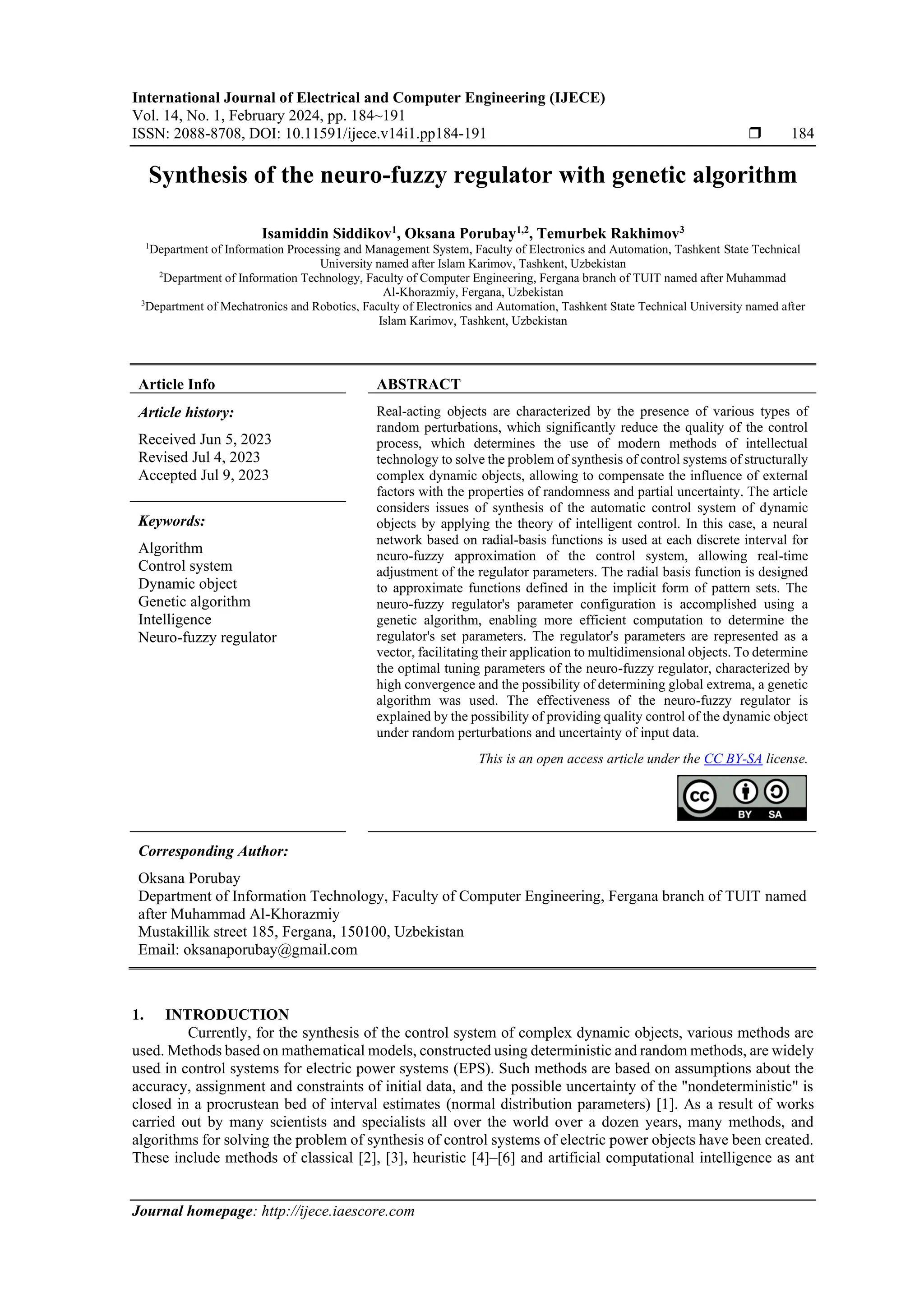 Synthesis of the neuro-fuzzy regulator with genetic algorithm | PDF