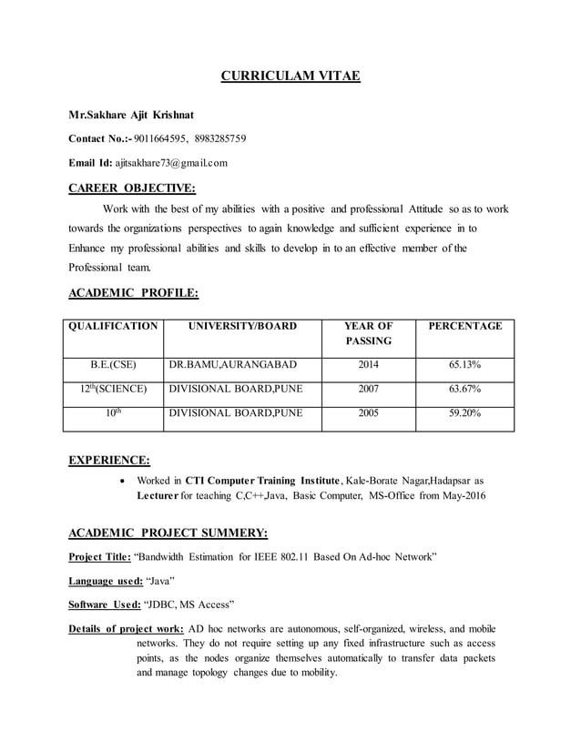 CURRICULAM VITAE | DOCX | Computer Networking | Computing