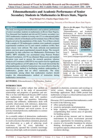 Ethnomathematics and Academic Performance of Senior Secondary Students in Mathematics in Rivers ...