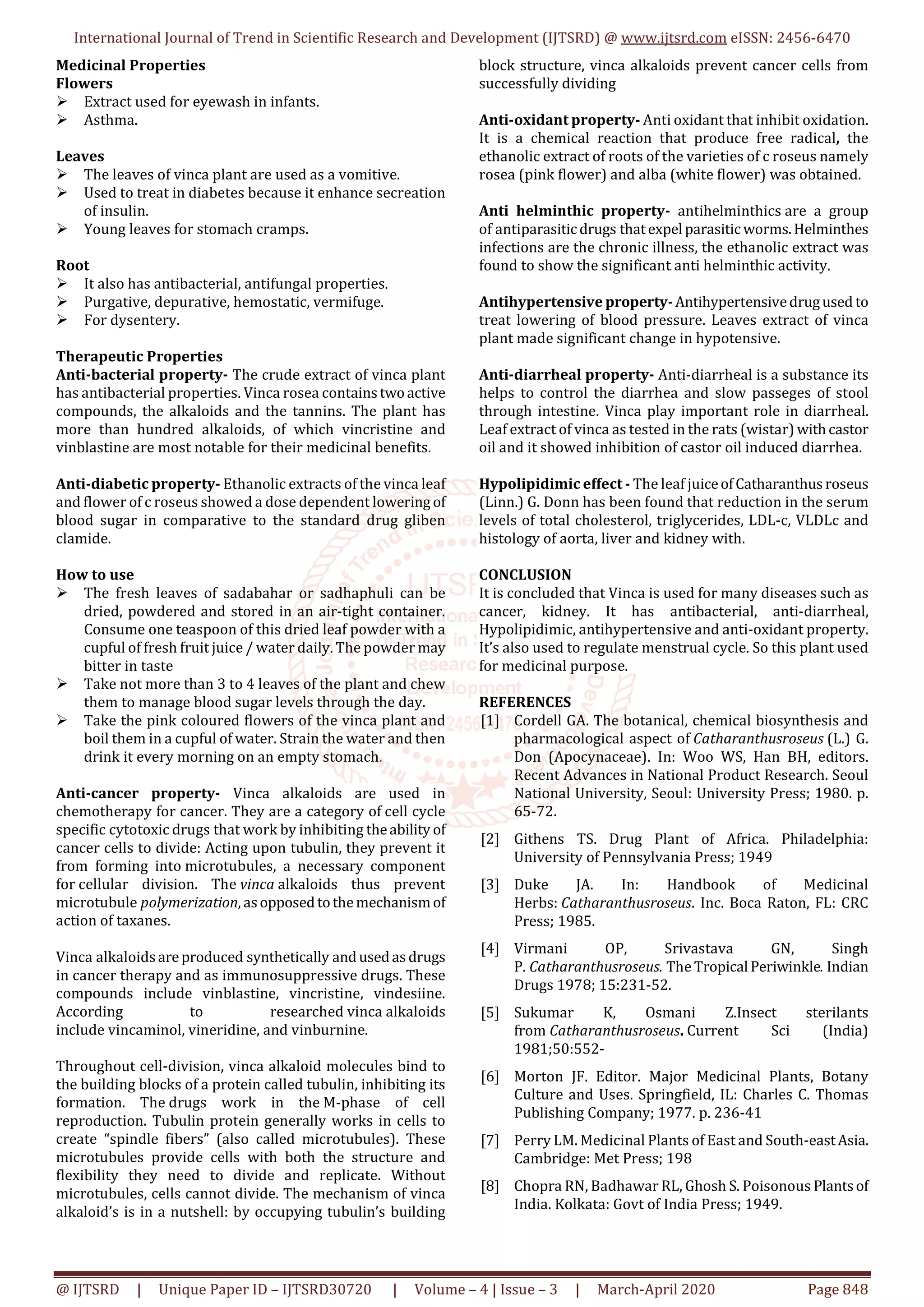 Overview on a Vinca Alkaloid and Its Medicinal, Therapeutic Properties ...