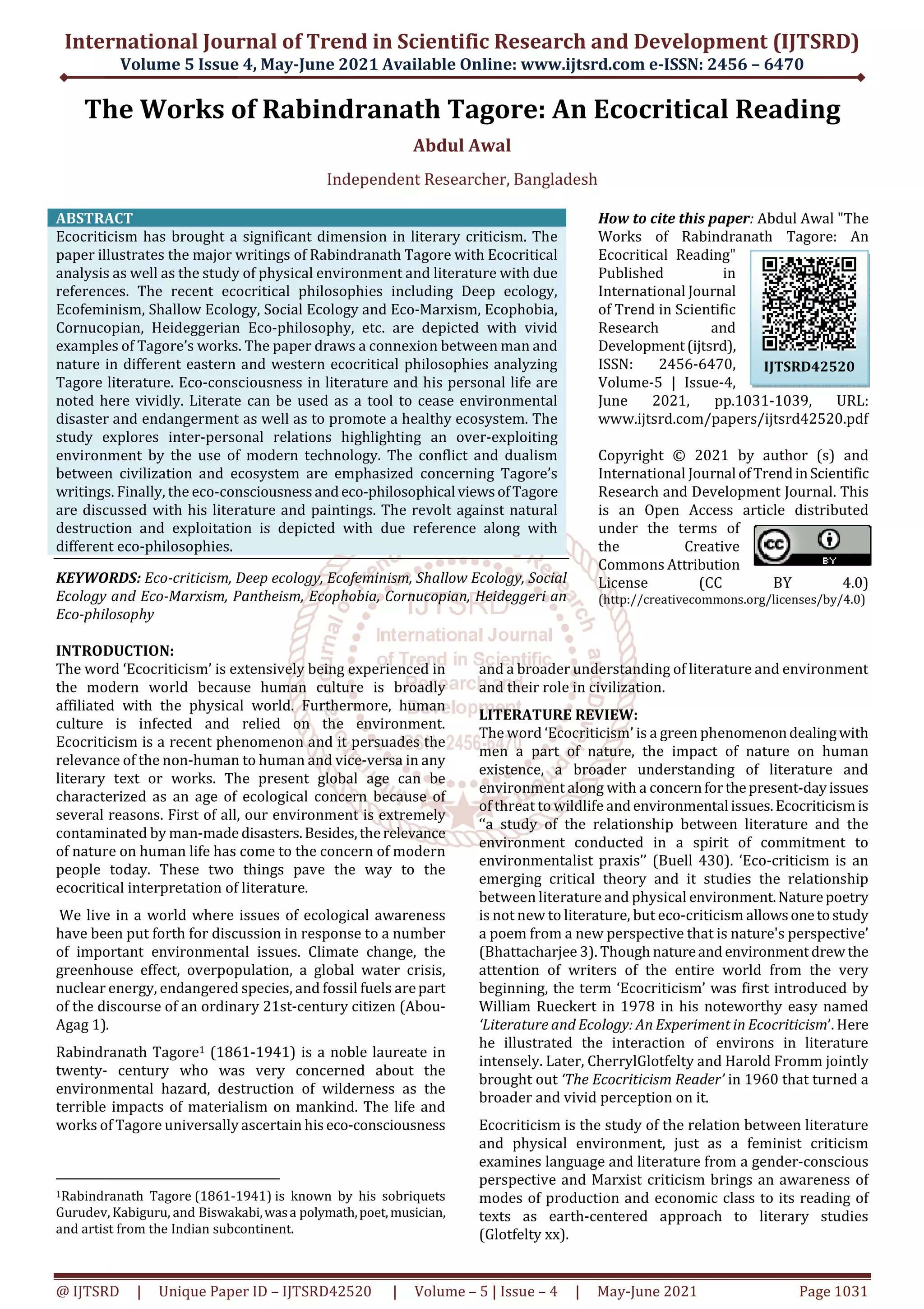 The Works of Rabindranath Tagore An Ecocritical Reading | PDF