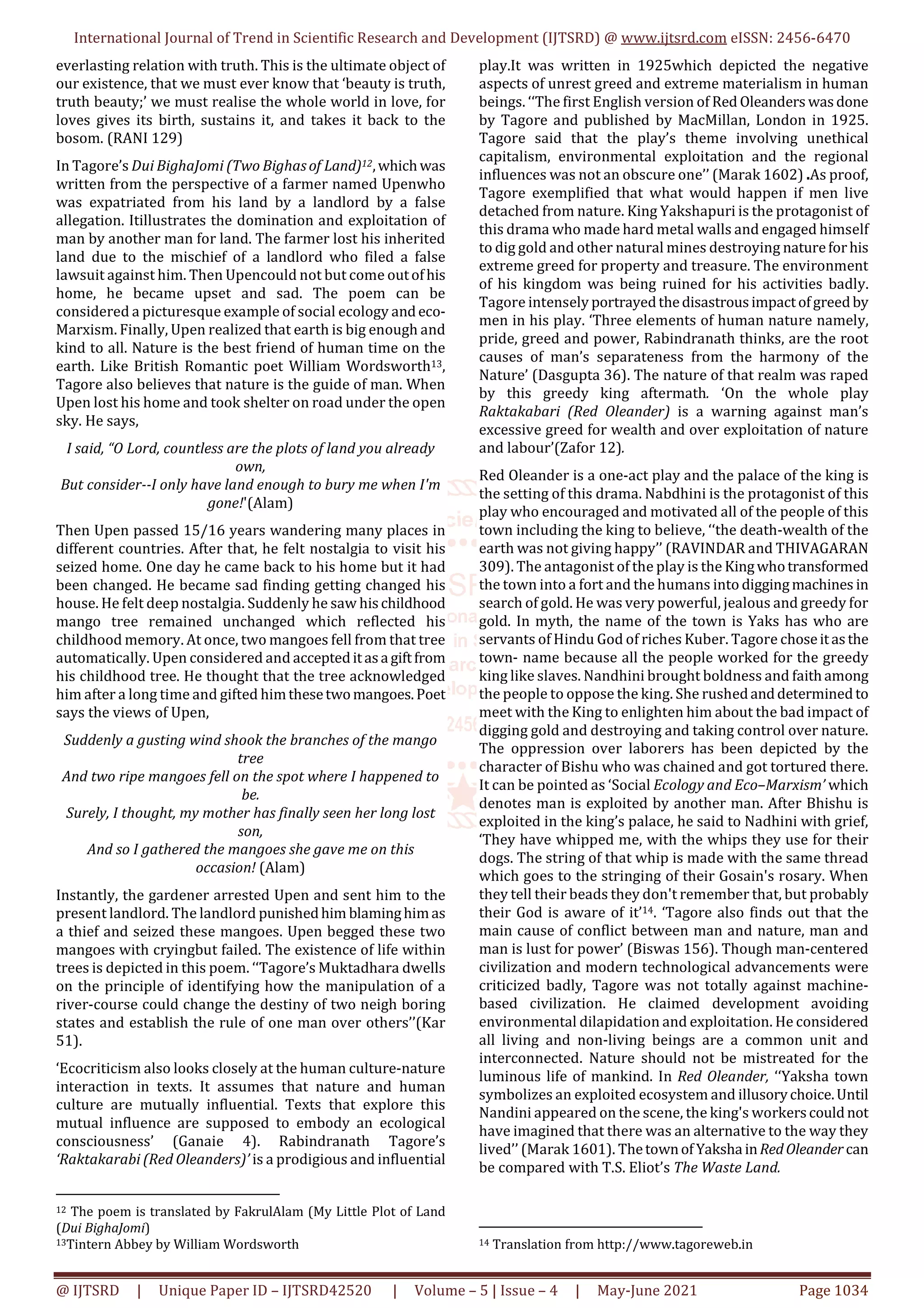 The Works of Rabindranath Tagore An Ecocritical Reading | PDF