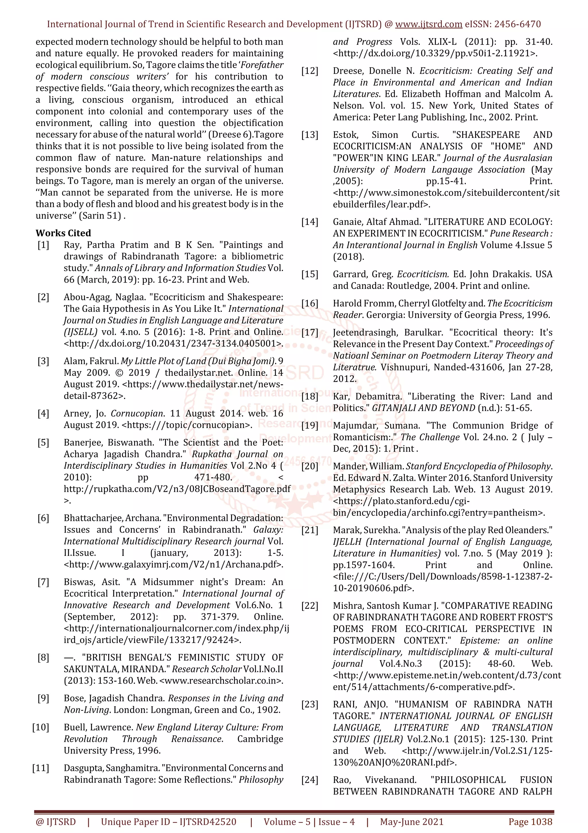 The Works of Rabindranath Tagore An Ecocritical Reading | PDF