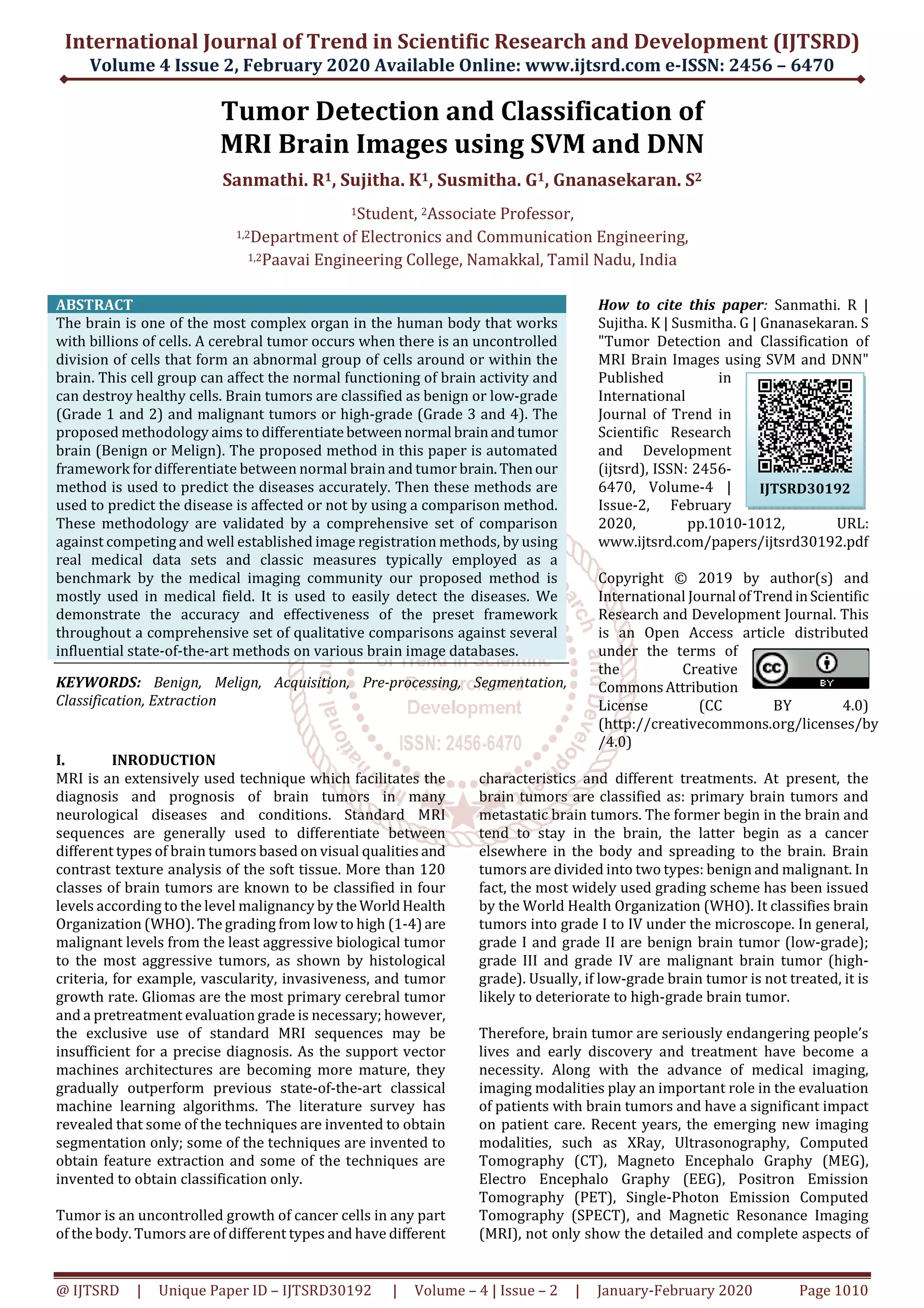Tumor Detection And Classification Of Mri Brain Images Using Svm And