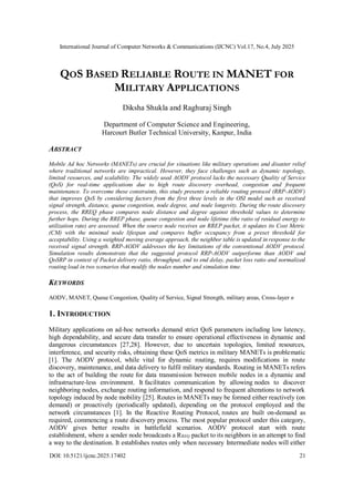QoS Based Reliable Route in MANET for Military Applications | PDF