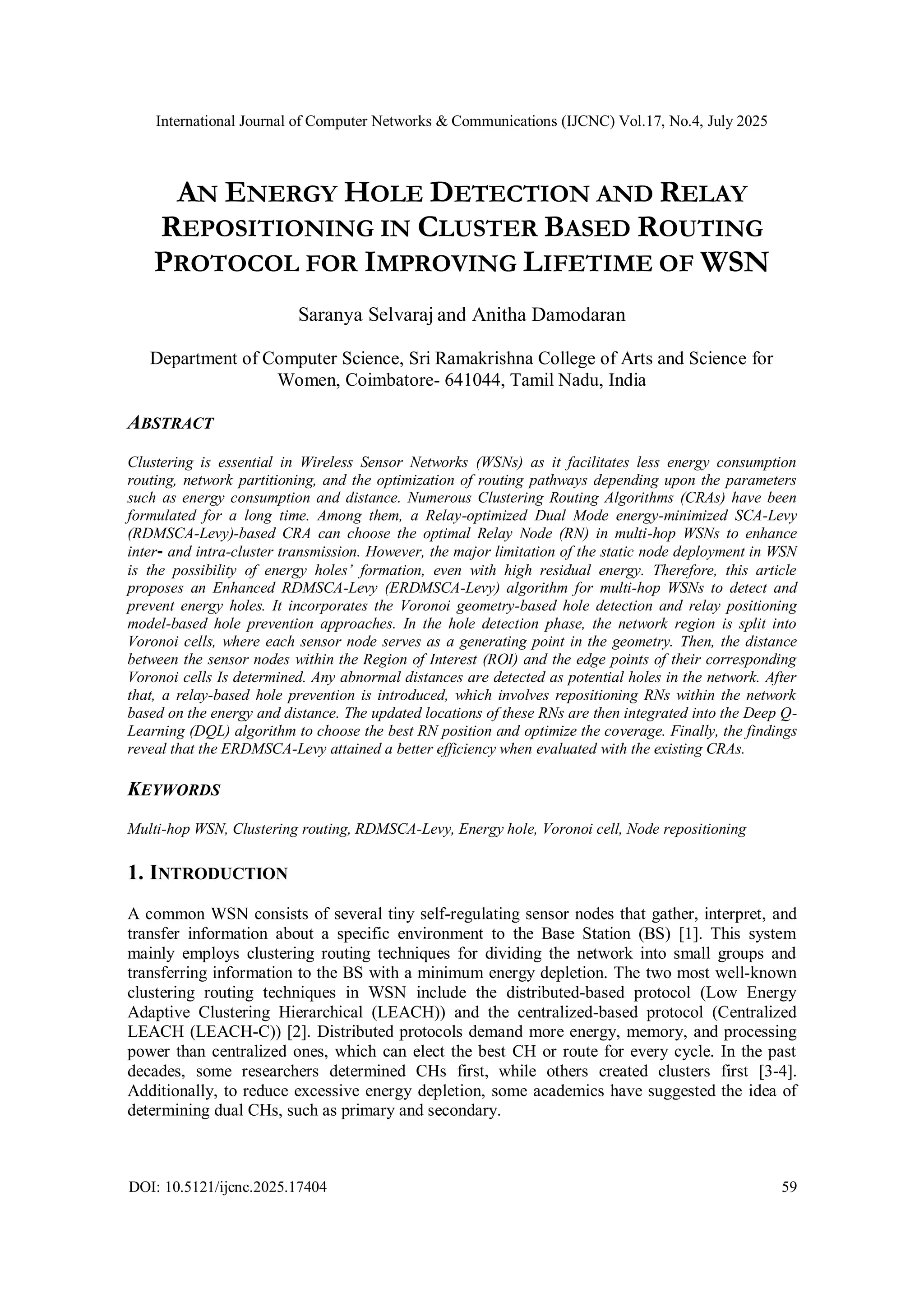 AN ENERGY HOLE DETECTION AND RELAY REPOSITIONING IN CLUSTER BASED ROUTING PROTOCOL FOR IMPROVING ...