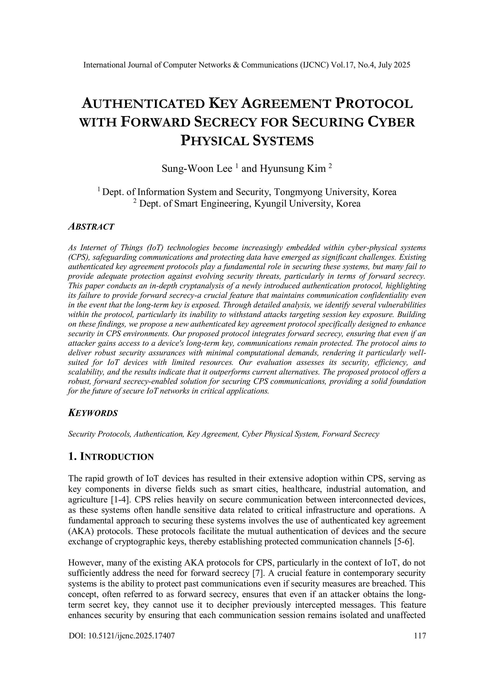 Authenticated Key Agreement Protocol with Forward Secrecy for Securing ...
