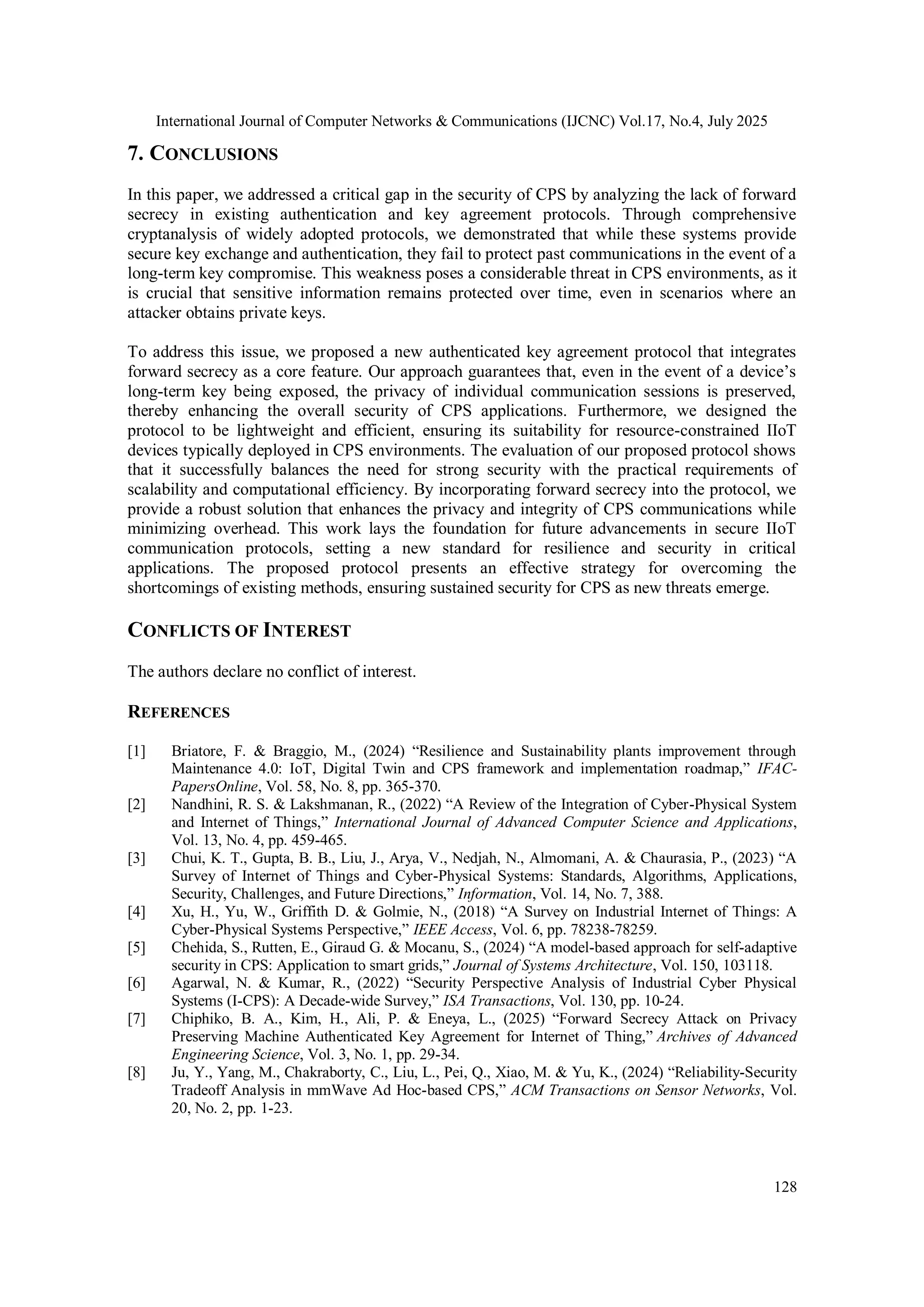 Authenticated Key Agreement Protocol with Forward Secrecy for Securing Cyber Physical Systems | PDF