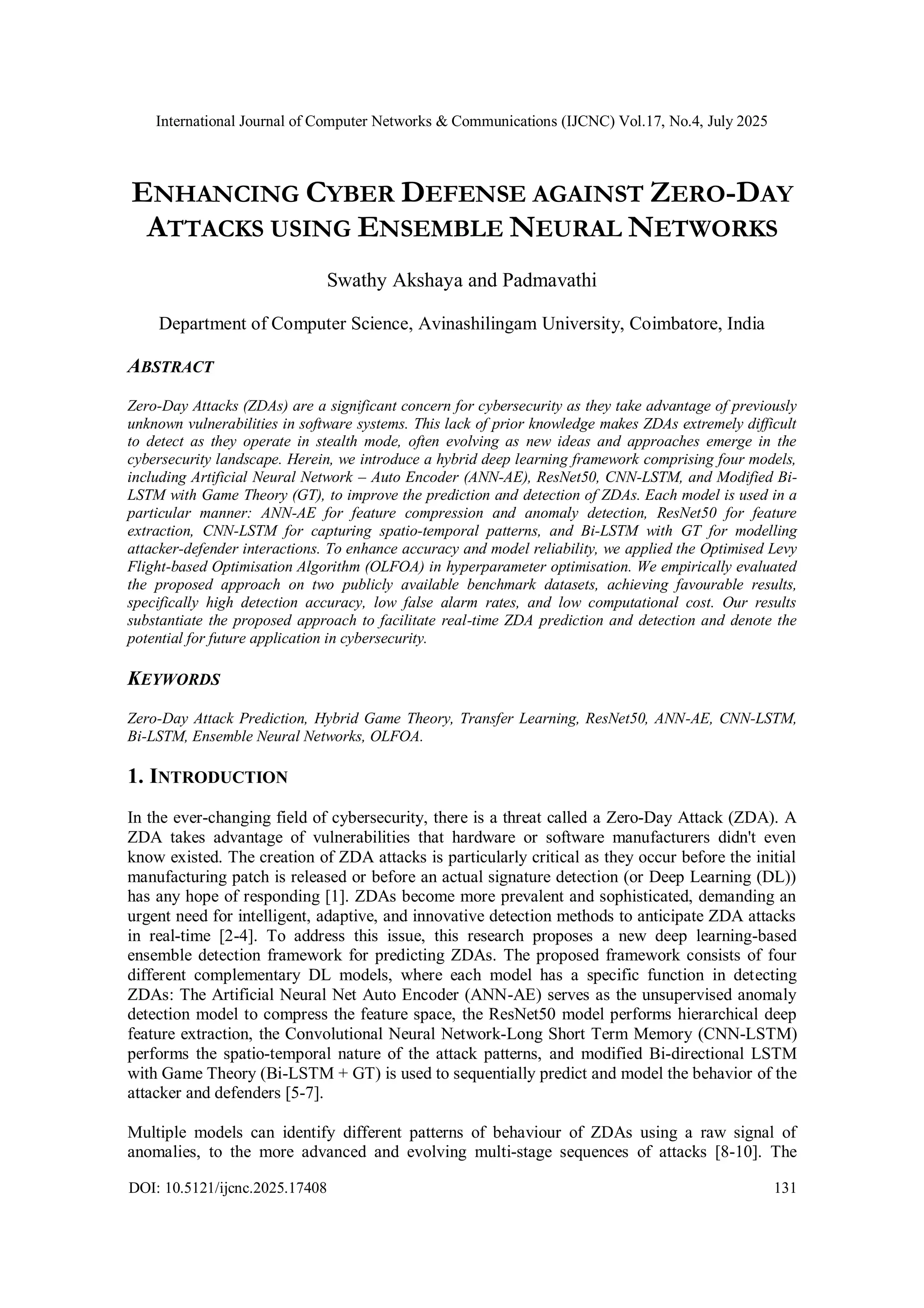 Enhancing Cyber Defense Against Zero-Day Attacks using Ensemble Neural Networks | PDF