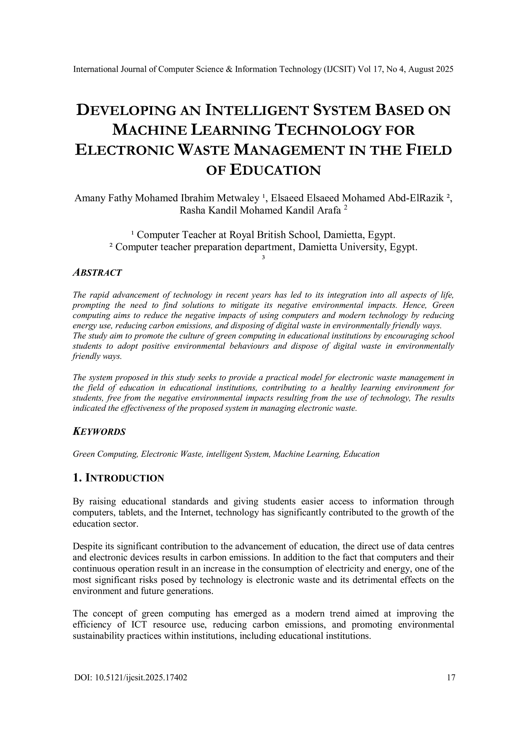 Developing an Intelligent System based on Machine Learning Technology ...