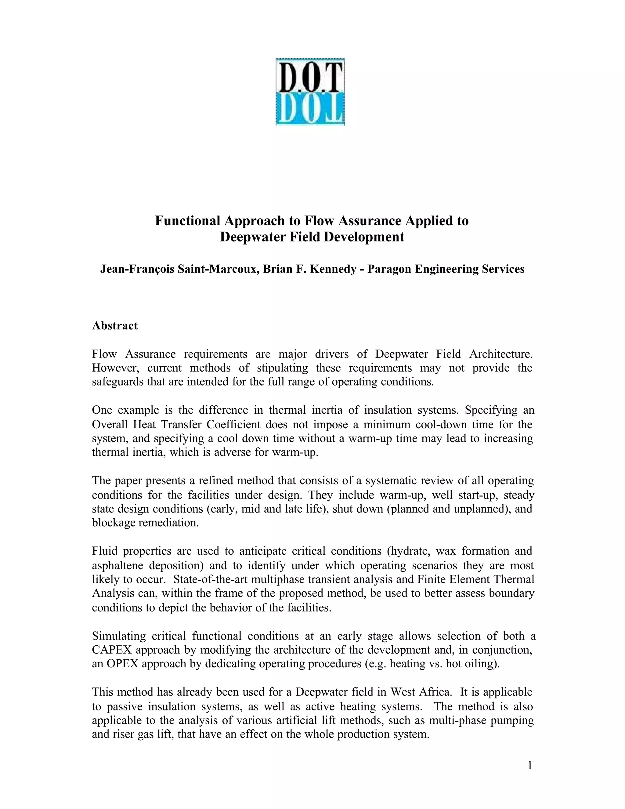 DOT 2002 Functional Approach to Flow Assurance | PDF