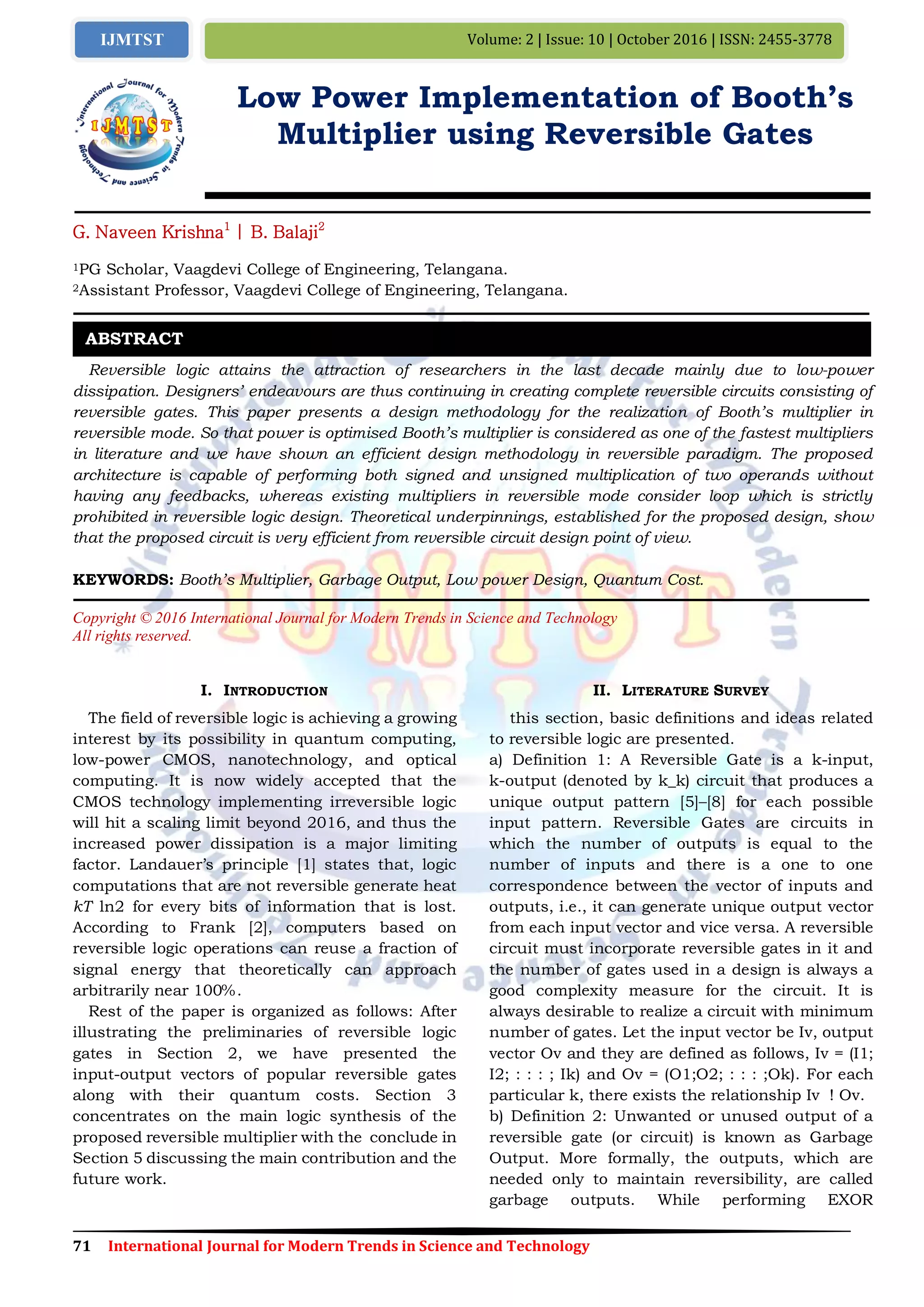 Low Power Implementation of Booth’s Multiplier using Reversible Gates | PDF Low Power Implementation of Booth’s Multiplier using Reversible Gates | PDF
