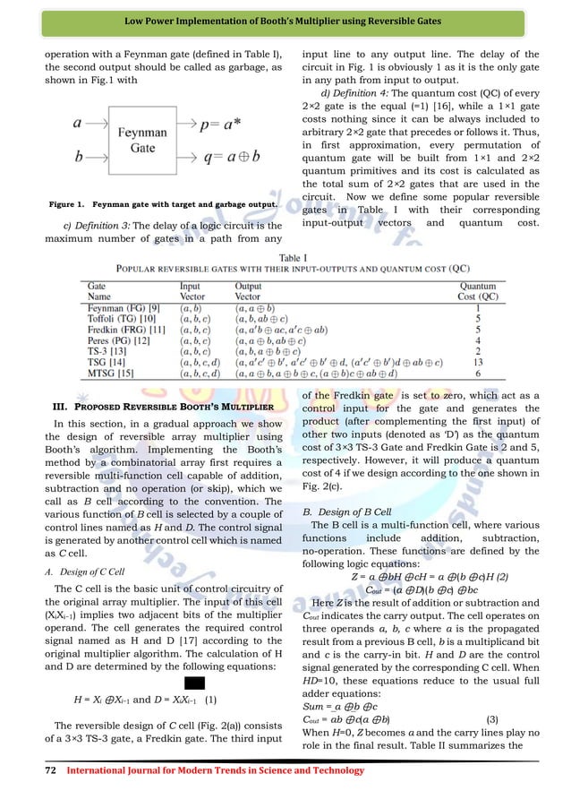 Low Power Implementation of Booth’s Multiplier using Reversible Gates | PDF
