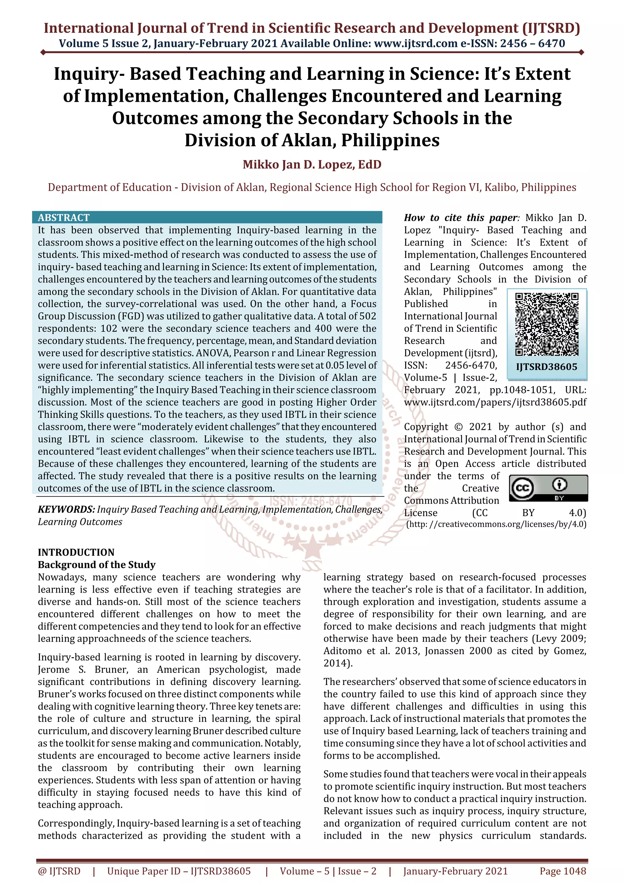 Inquiry Based Teaching and Learning in Science It’s Extent of Implementation, Challenges ...