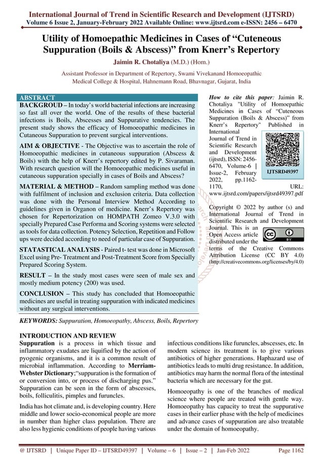 Utility of Homoepathic Medicines in Cases of “Cuteneous Suppuration ...