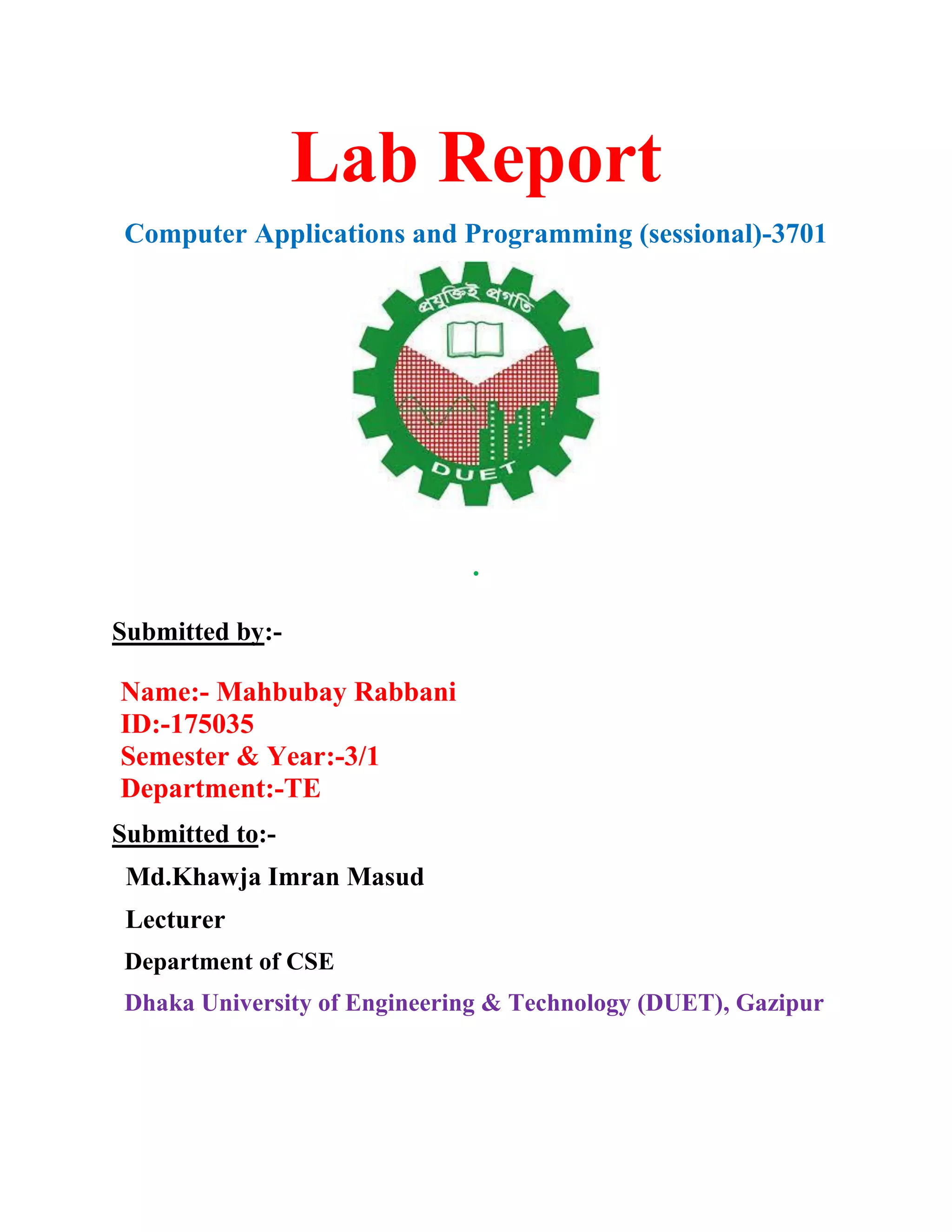 175035 cse lab 01 | PDF | Programming Languages | Computing