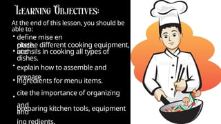 Preparing Kitchen tools and equipment and ingredients in food ...