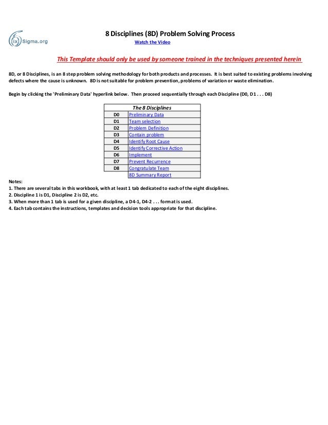 8 Disciplines (8D) Problem Solving Workbook