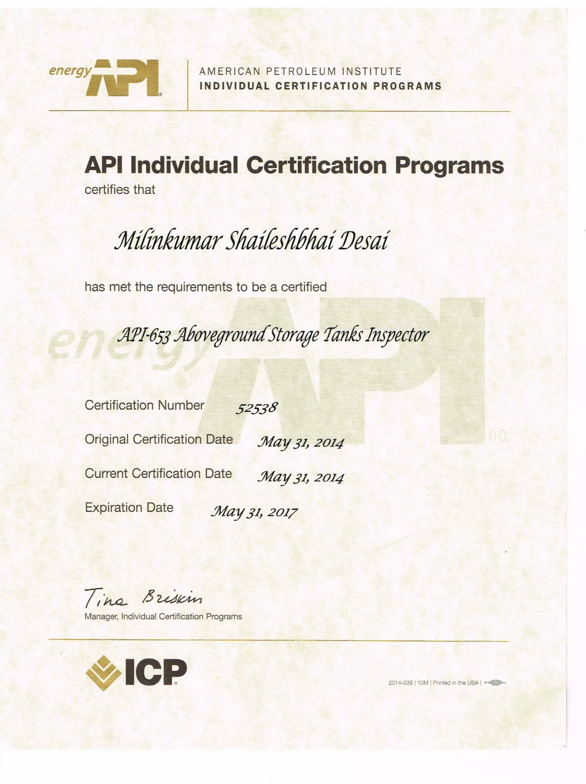 Milinkumar-API-653 Certificate | PDF