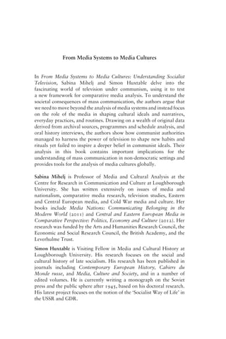 From Media Systems To Media Cultures Understanding Socialist Television ...