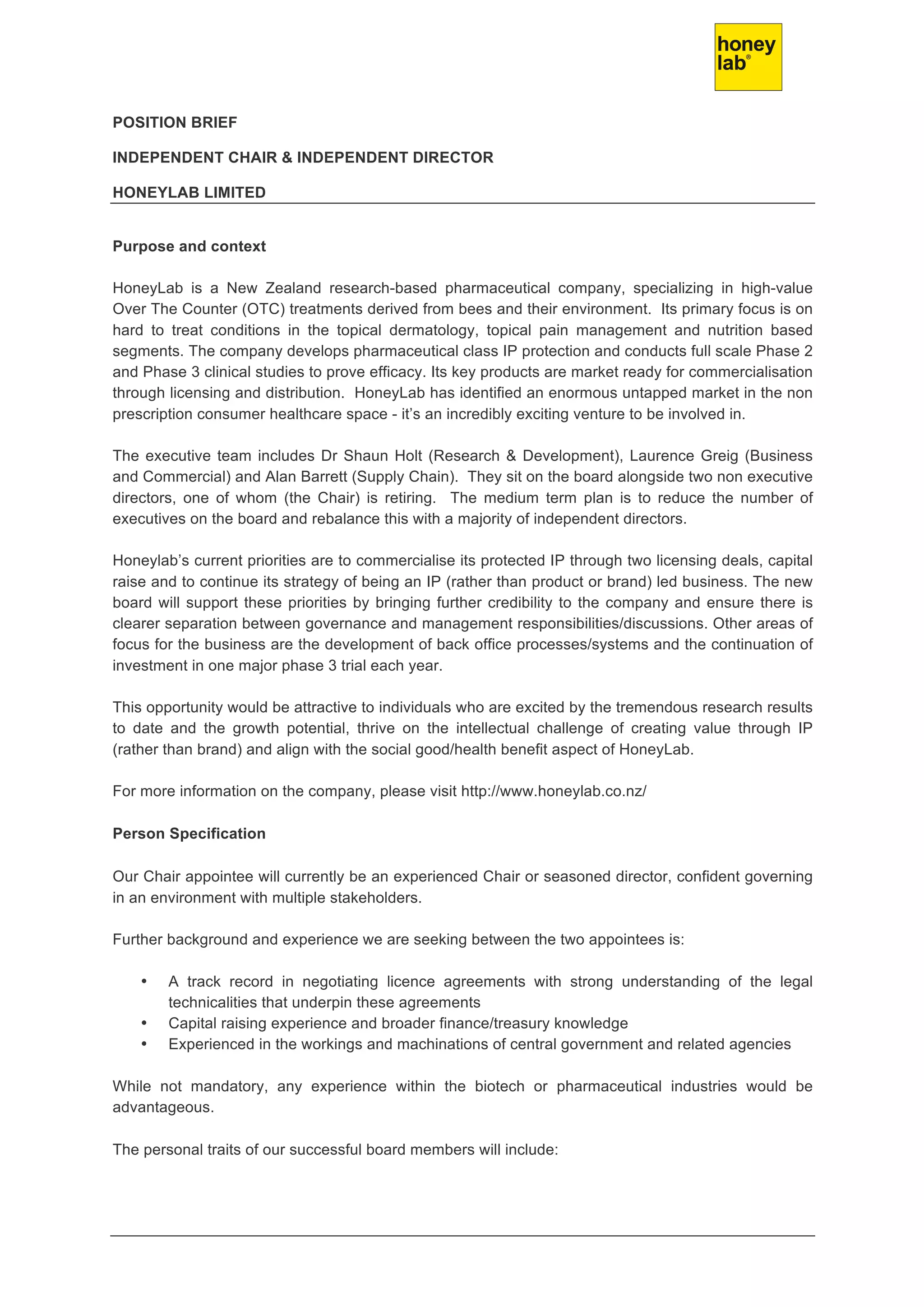 HoneyLab Independent Board Members Brief | PDF