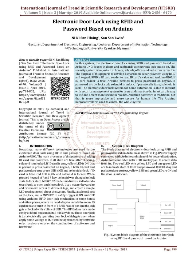 Electronic Door Lock using RFID and Password Based on Arduino | PDF