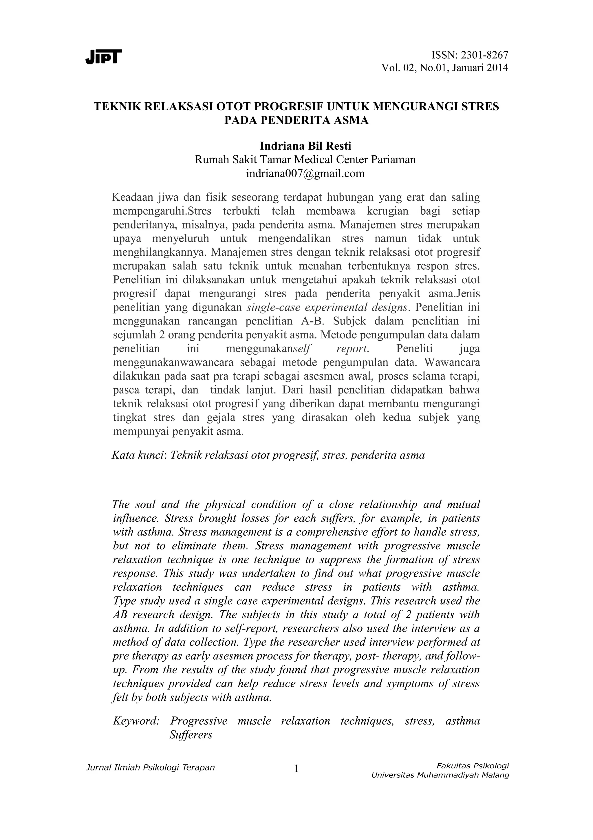 TEKNIK RELAKSASI OTOT PROGRESIF UNTUK MENGURANGI STRES PADA PENDERITA ASMA | PDF