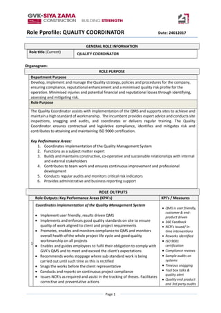 GVK Siyazama Quality Coordinator Role Profile | PDF